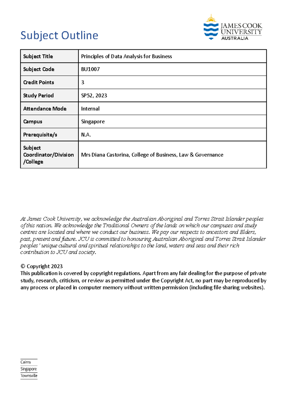 Subject Outline for BU1007 Principles of Data Analysis for Business in ...