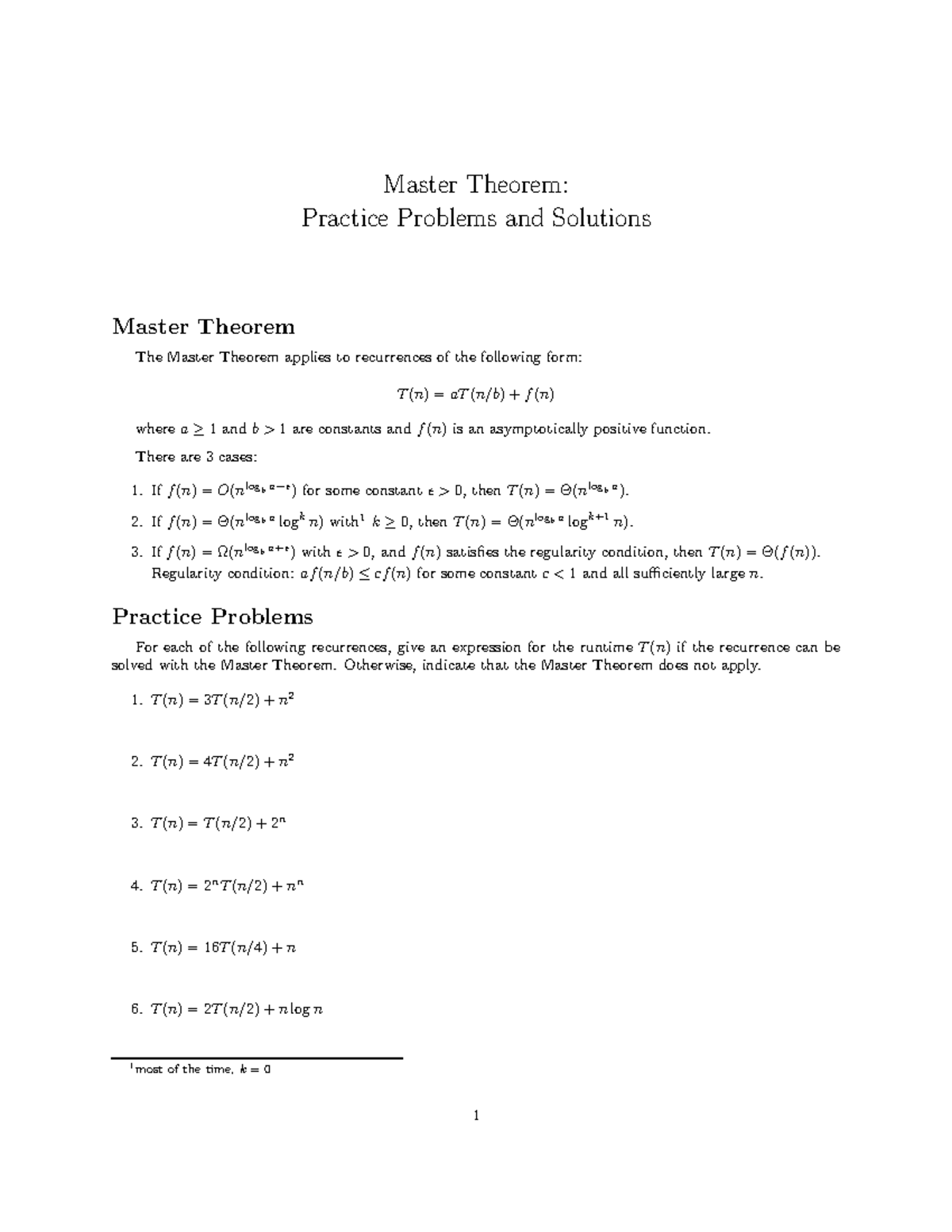 Master Theorem: Practice Problems & Solutions (CS101) - Studocu
