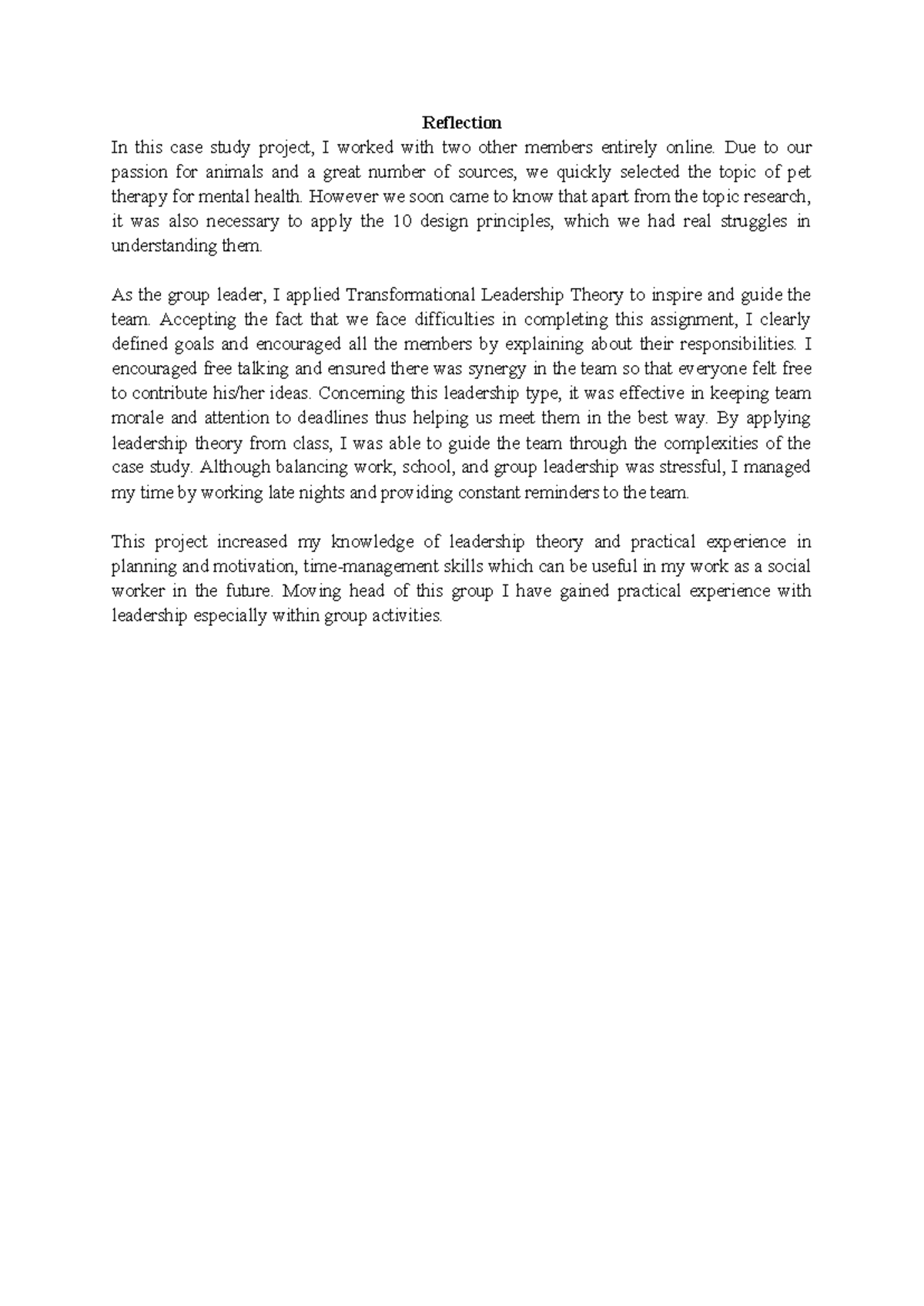 Reflection on Leadership in Case Study Project: Transformational Theory ...