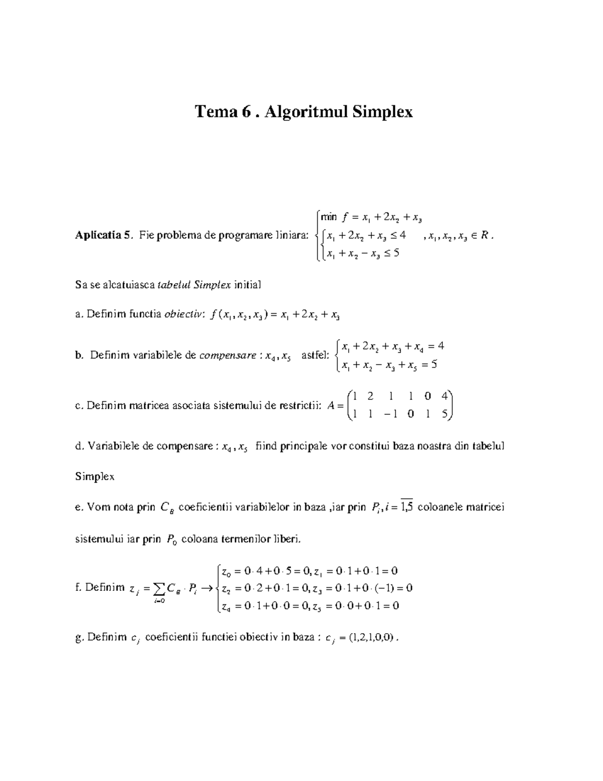 Tema 6: Algoritmul Simplex - Probleme de Programare Liniară - Studocu