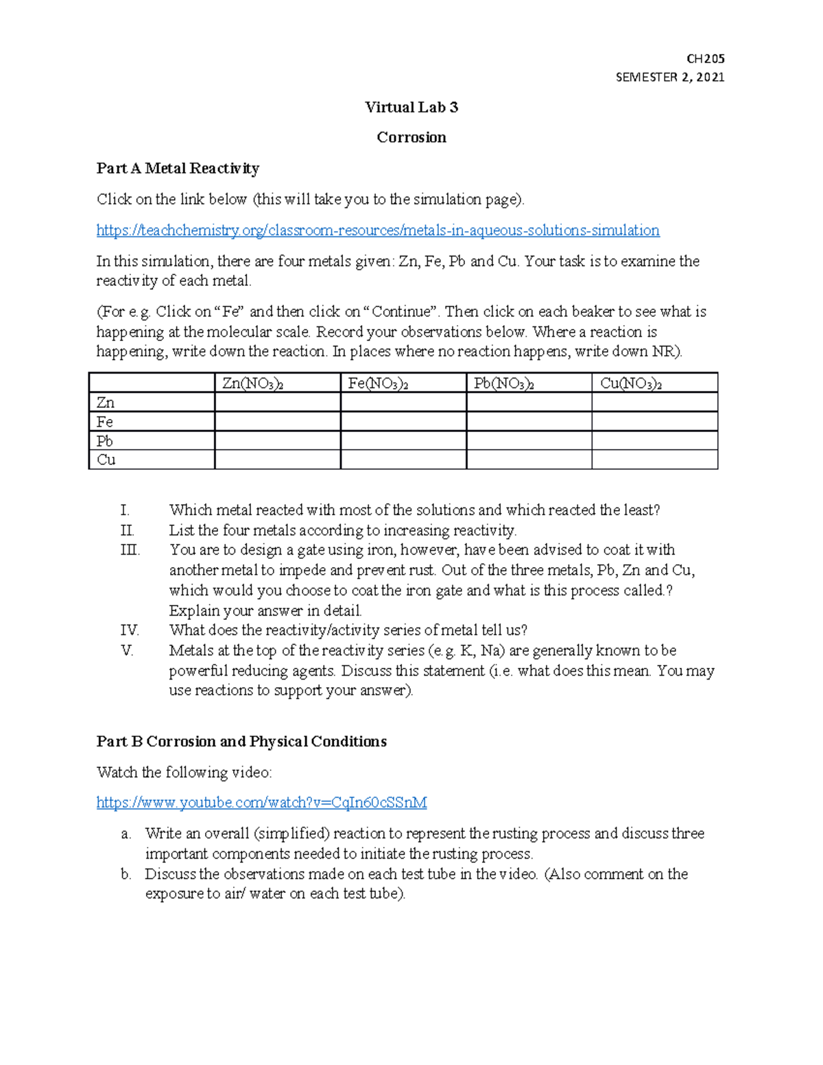 CH205 Virtual Lab 3: Exploring Corrosion and Metal Reactivity - Studocu