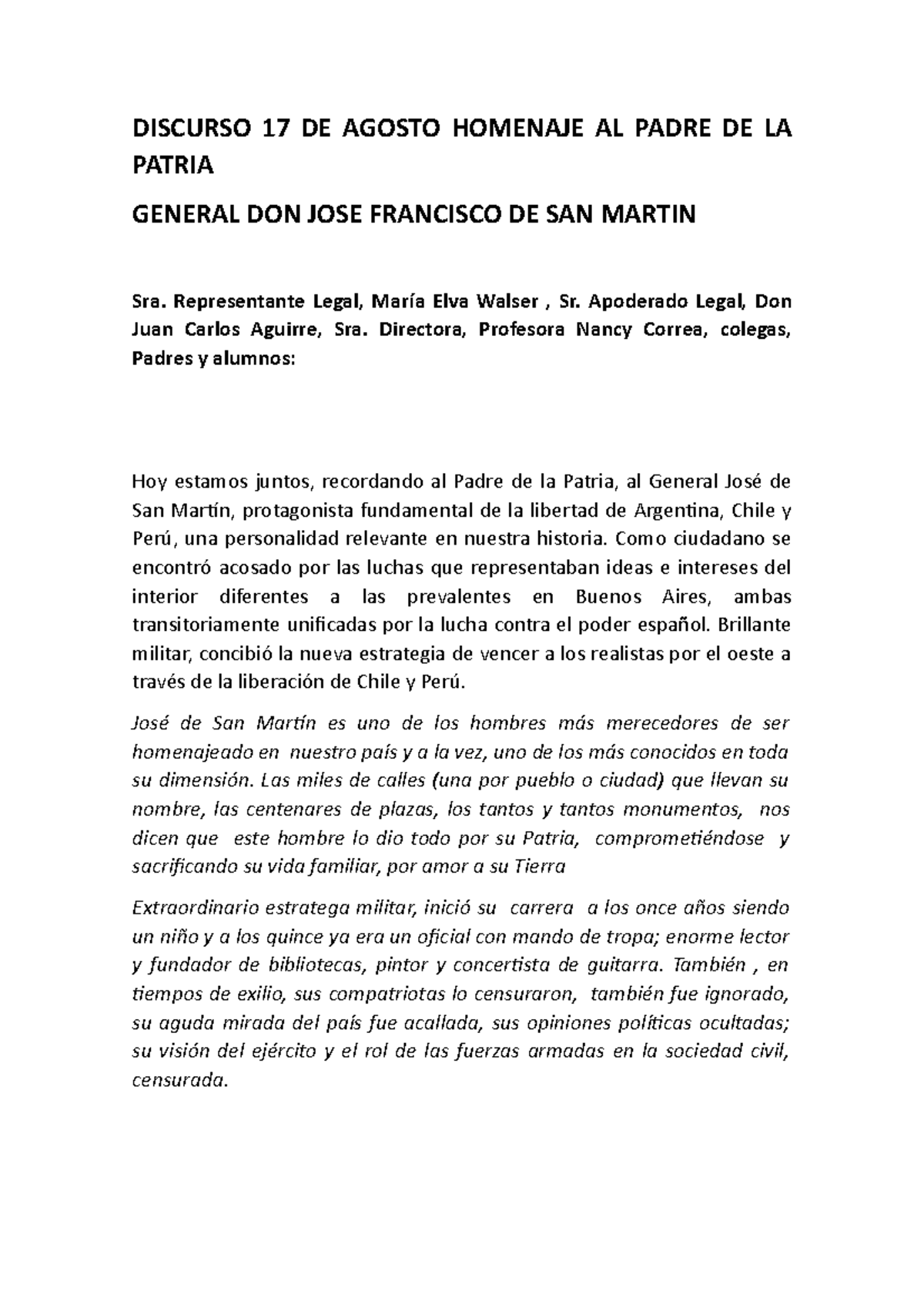 Discurso Homenaje a San Martín - 17 de Agosto de 1850 - Studocu