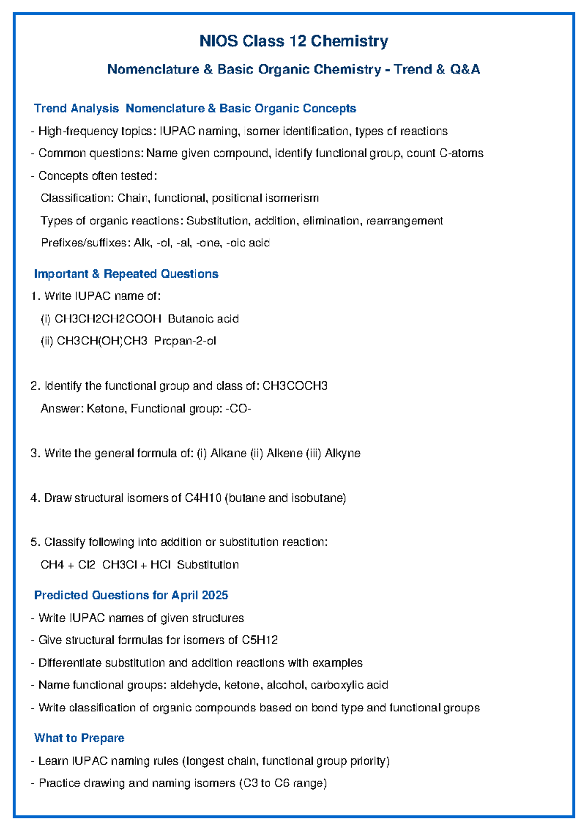 NIOS Class 12 Chemistry: Organic Nomenclature & Reaction Trends QA ...