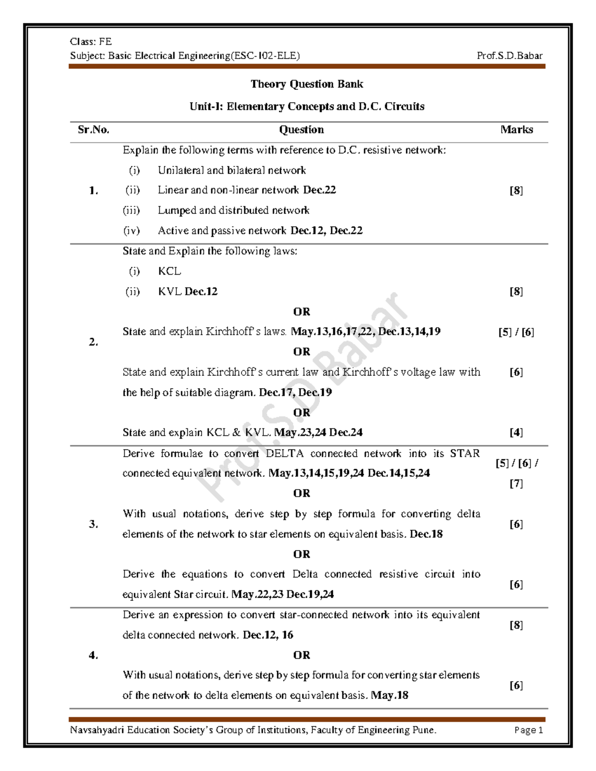 BEE 101: Theory Question Bank on D.C. Circuits and Concepts - Studocu