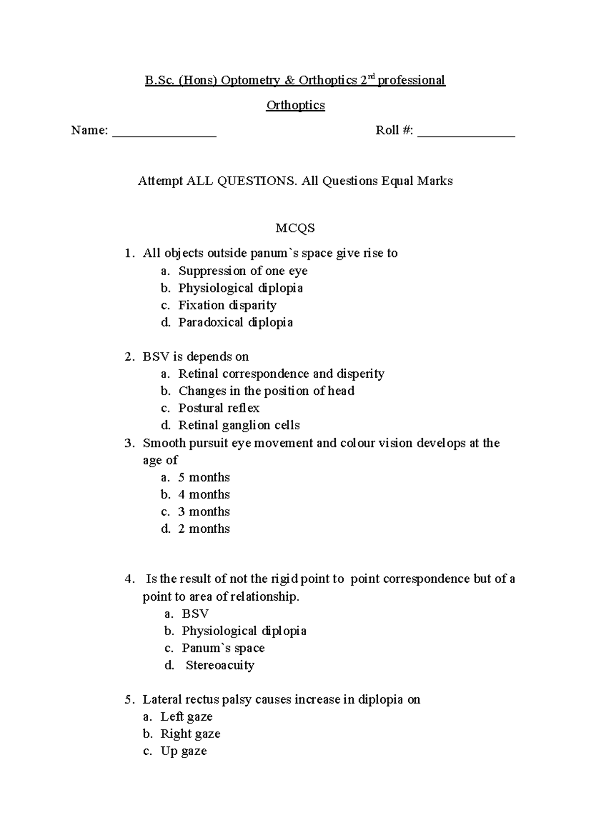 B.Sc. (Hons) Optometry & Orthoptics: Squint MCQ Questions - Studocu