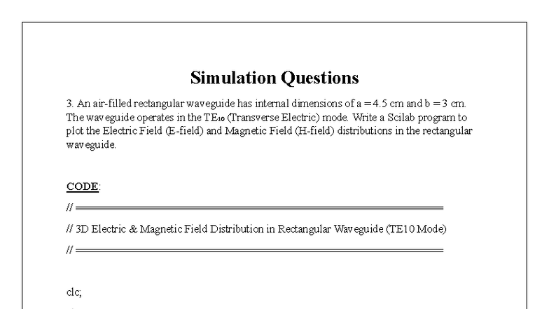 EMT-1: Scilab Simulation of TE10 Mode in Rectangular Waveguide - Studocu