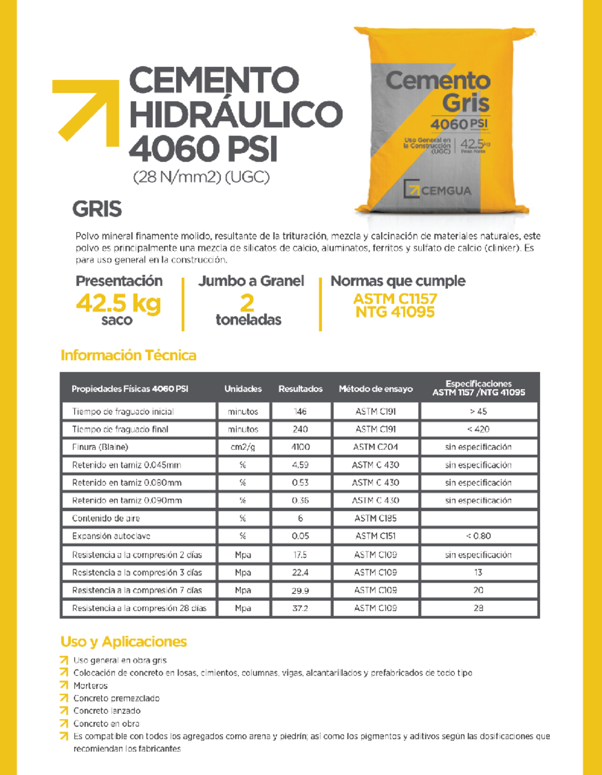 Cemento Hidráulico Gris 4060 PSI - Certificado de Calidad (UGC) - Studocu
