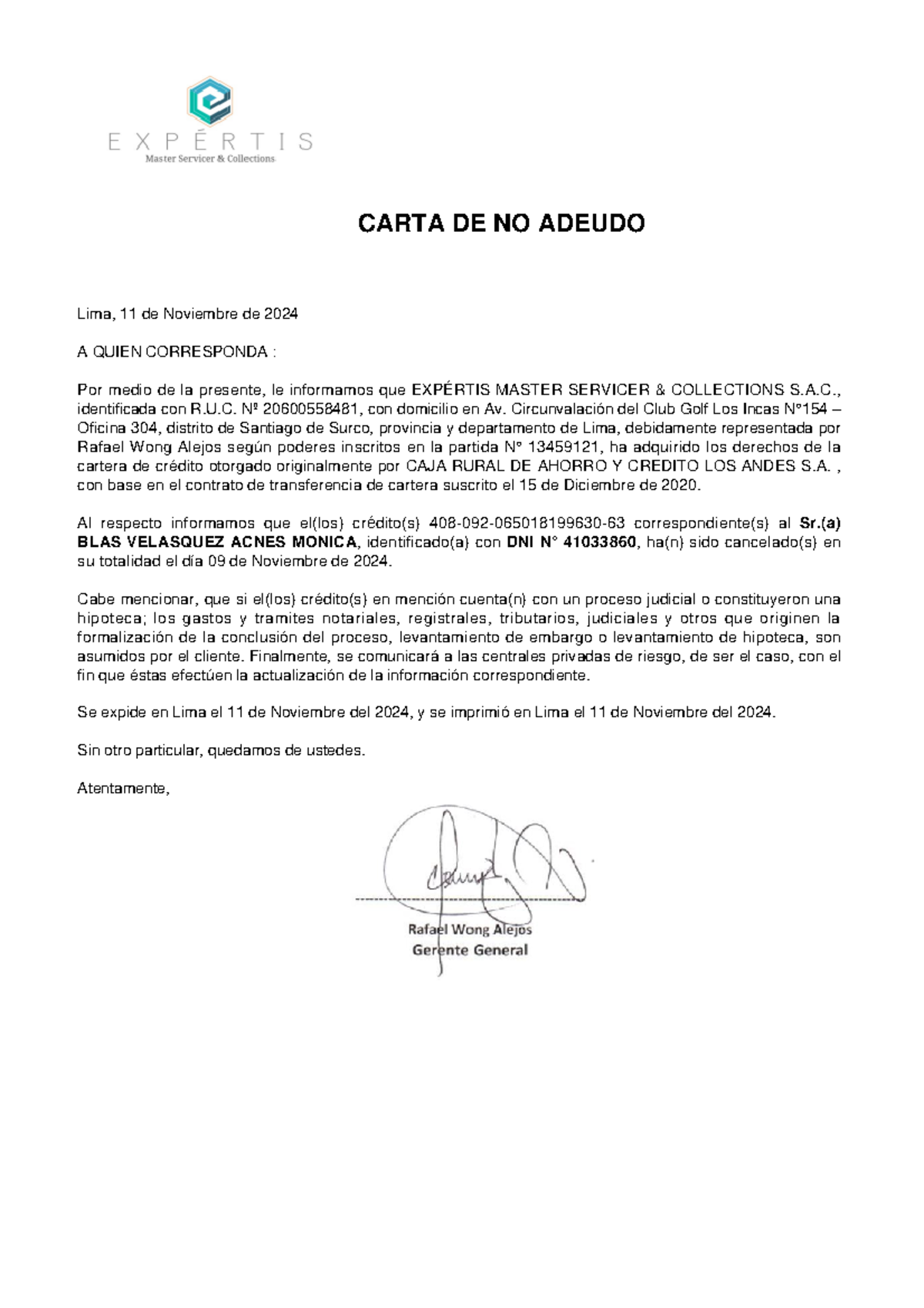 Carta de No Adeudo - 41033860 - EXPÉRTIS MASTER SERVICER - Studocu