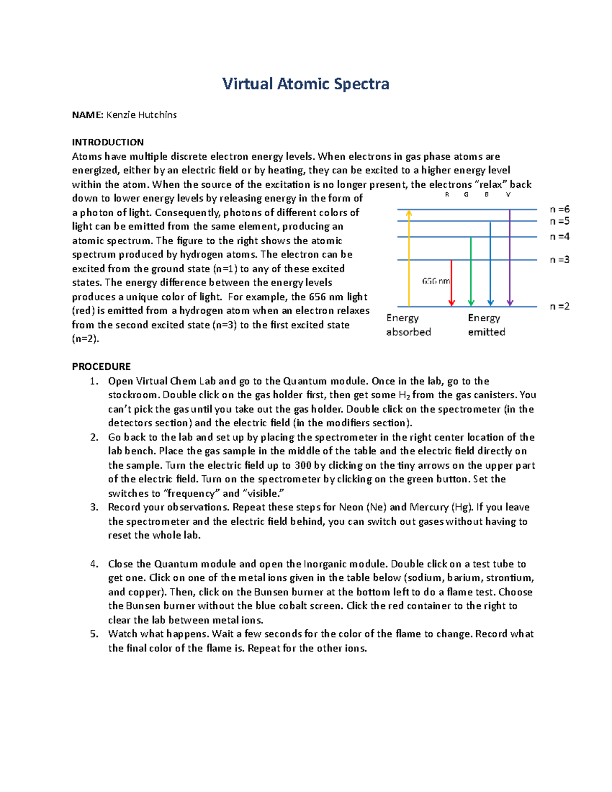 CHEM 105 Virtual Lab on Atomic Spectra and Flame Tests - Studocu