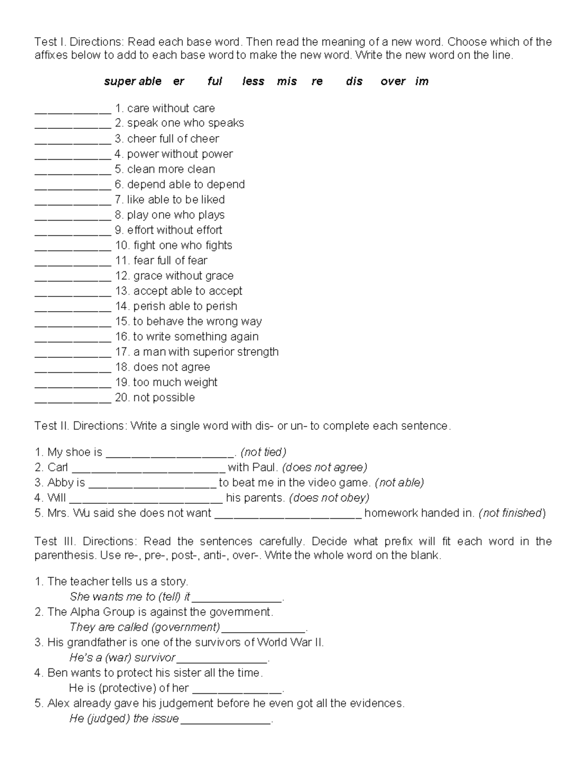 Affixes Practice Questions - ENG5 Test Preparation - Studocu