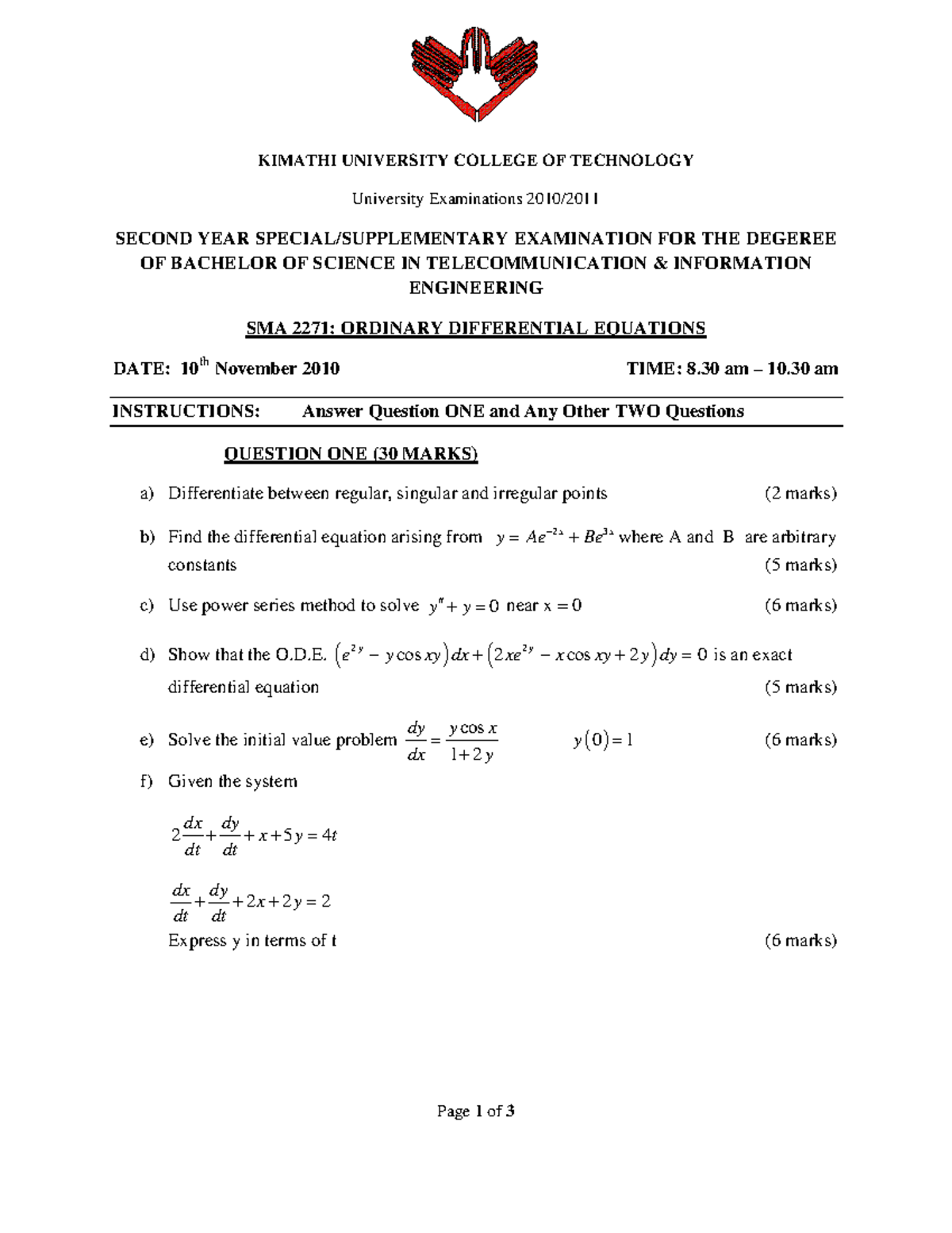 SMA 2271: Ordinary Differential Equations Final Exam Notes - Studocu