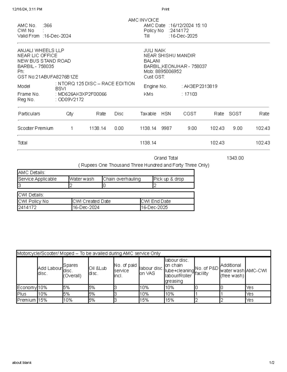 Juli - Bla Bla - 12/16/24, 3:11 PM Print about:blank 1/ AMC INVOICE AMC ...
