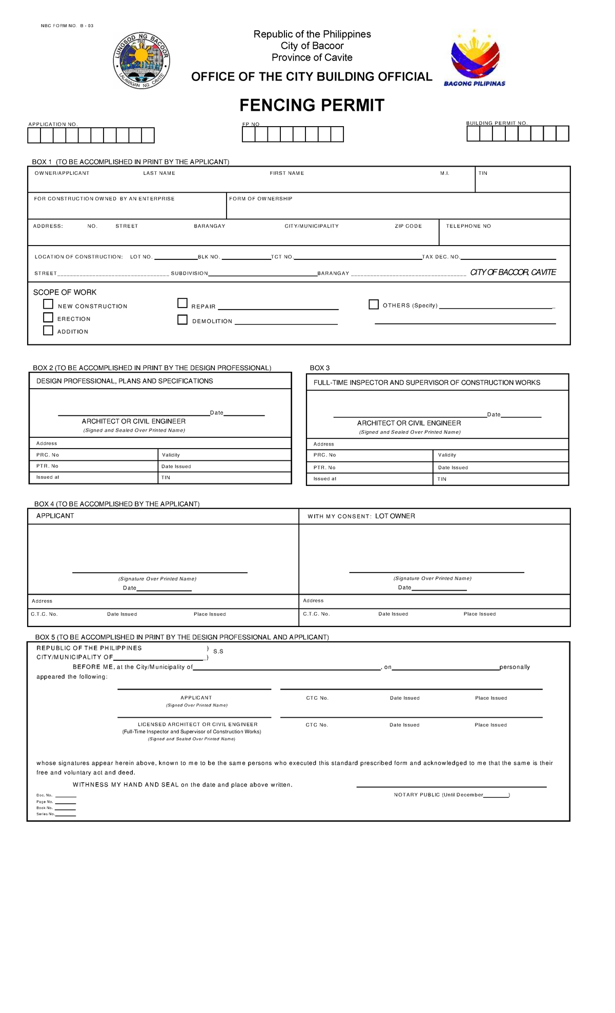 NBC FORM NO B-03 Fencing Permit Form - FULL-TIME INSPECTOR AND ...