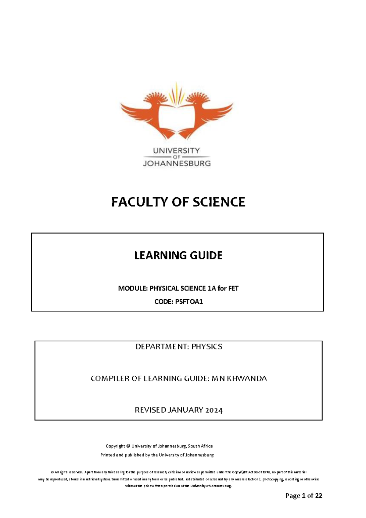 Psftoa 1 Guide Final 2024 - FACULTY OF SCIENCE LEARNING GUIDE MODULE: PHYSICAL SCIENCE 1A for ...