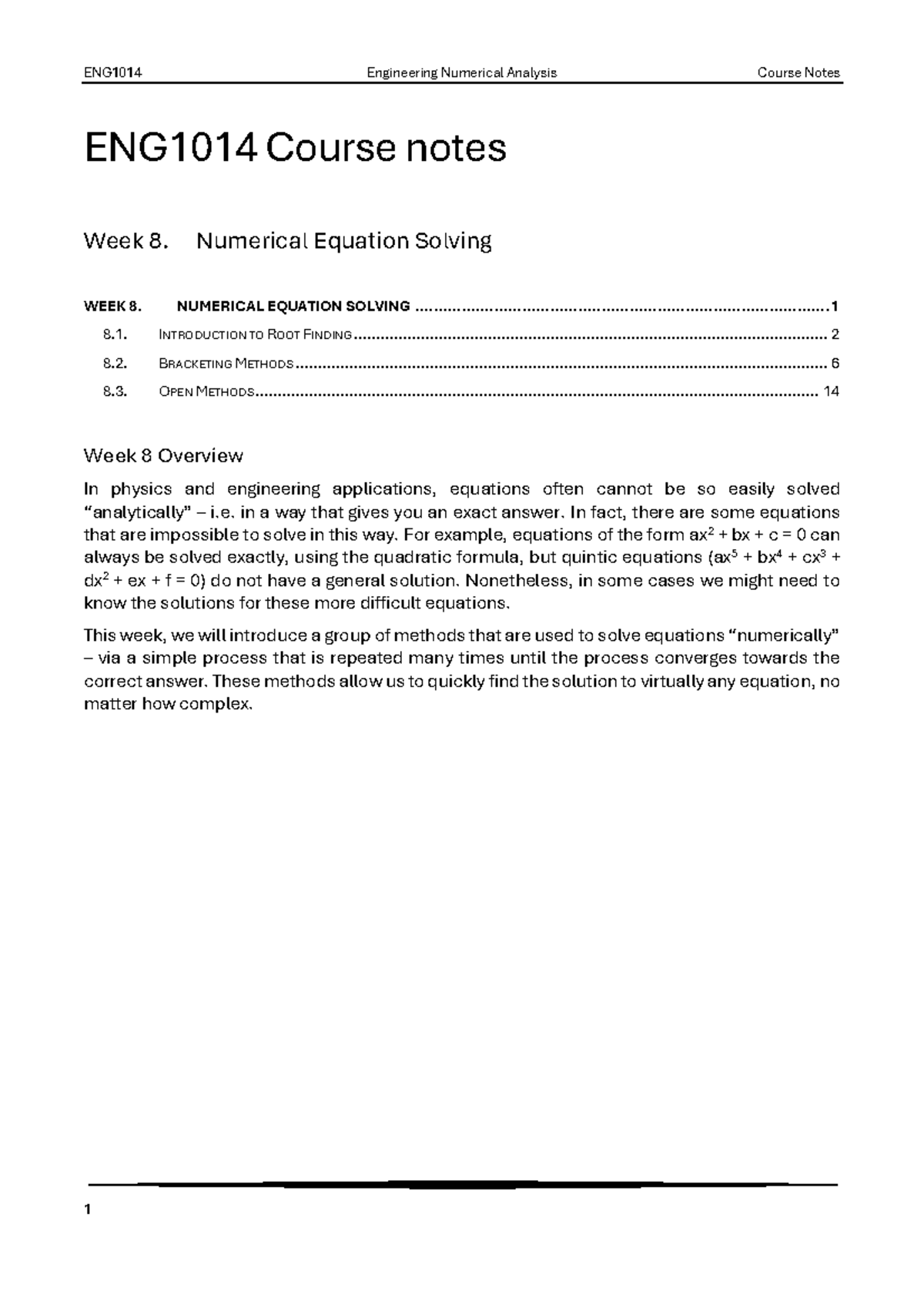 ENG1014 Numerical Analysis Course Notes: Week 8 - Equation Solving ...