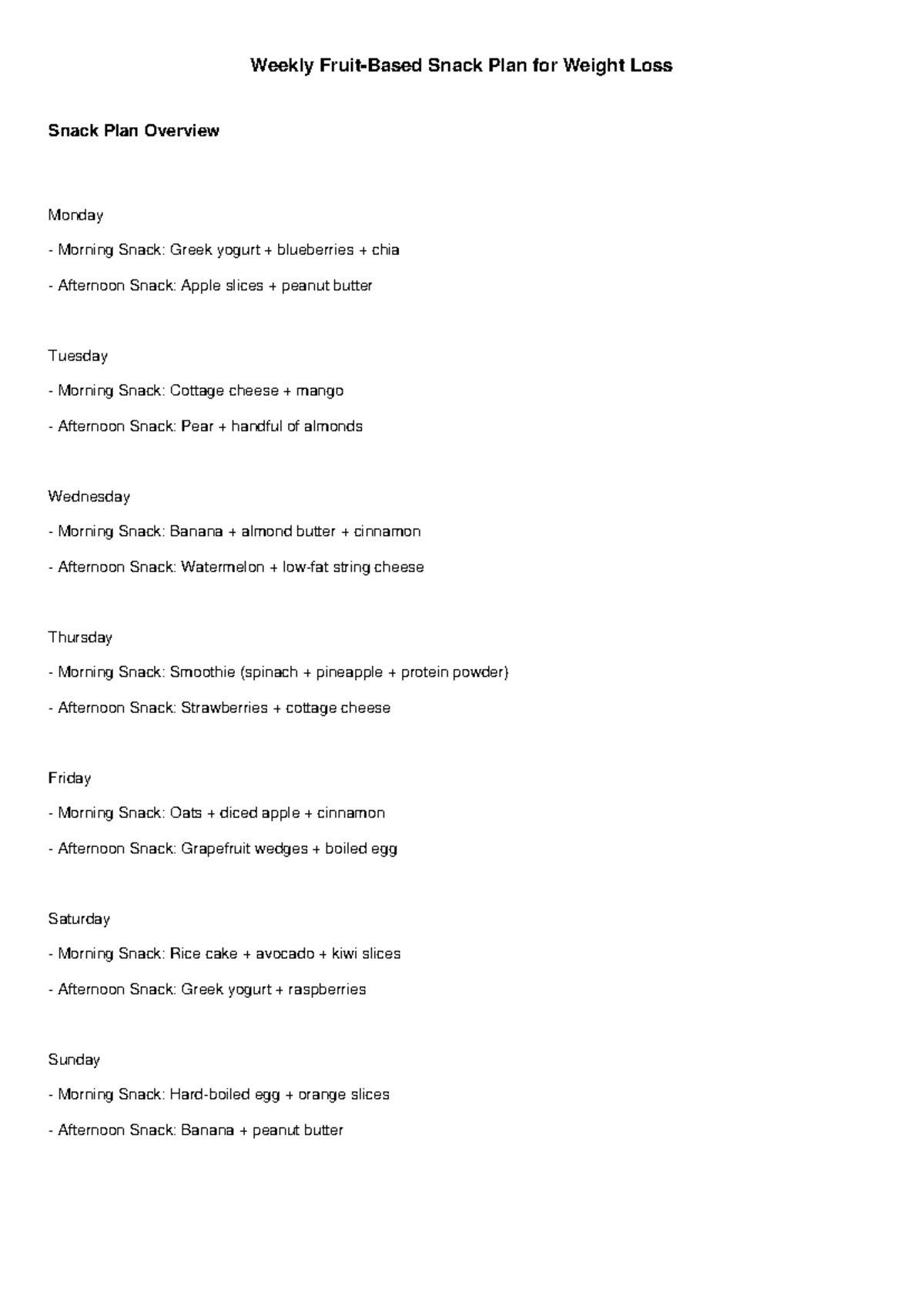 Fruit Based Snack Plan Weekly - Weekly Fruit-Based Snack Plan for ...