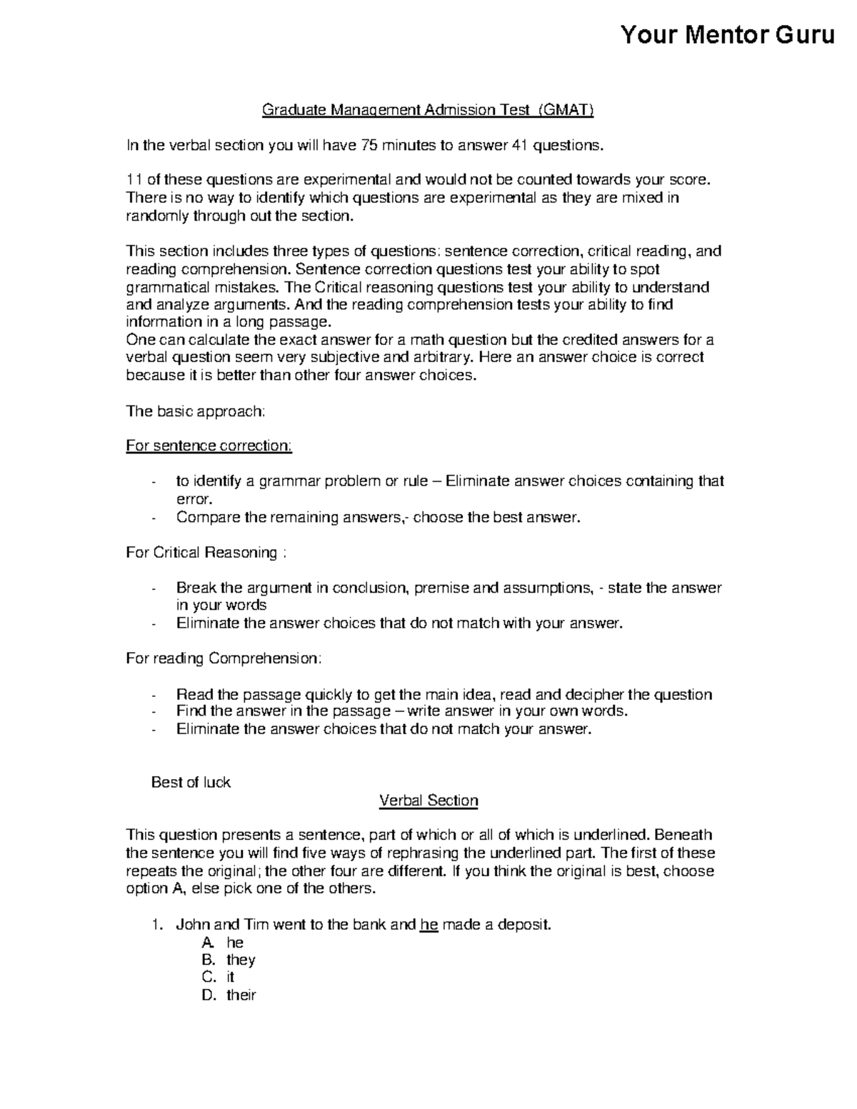 GMAT Verbal Sample Paper 1: Strategies and Practice Questions - Studocu