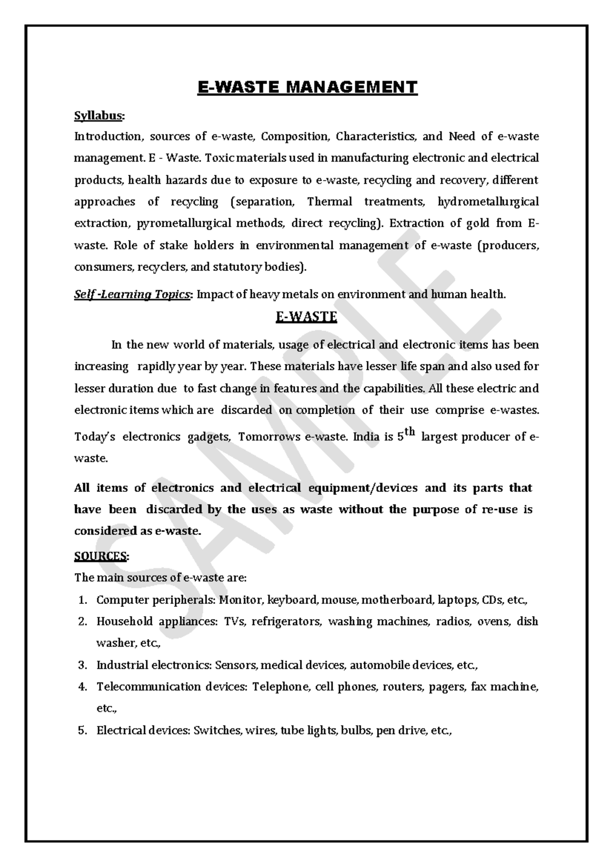 Module-5 Chemistry: E-Waste Management Notes and Processes - Studocu