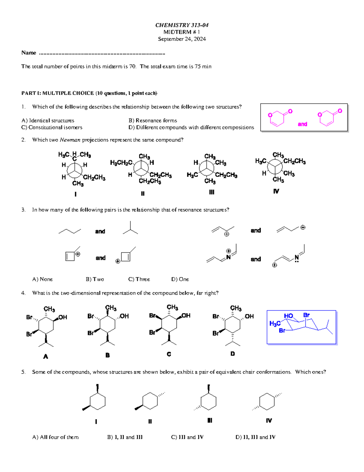 Chemistry 313-04 Midterm 1 Exam Solutions and Problems - Studocu