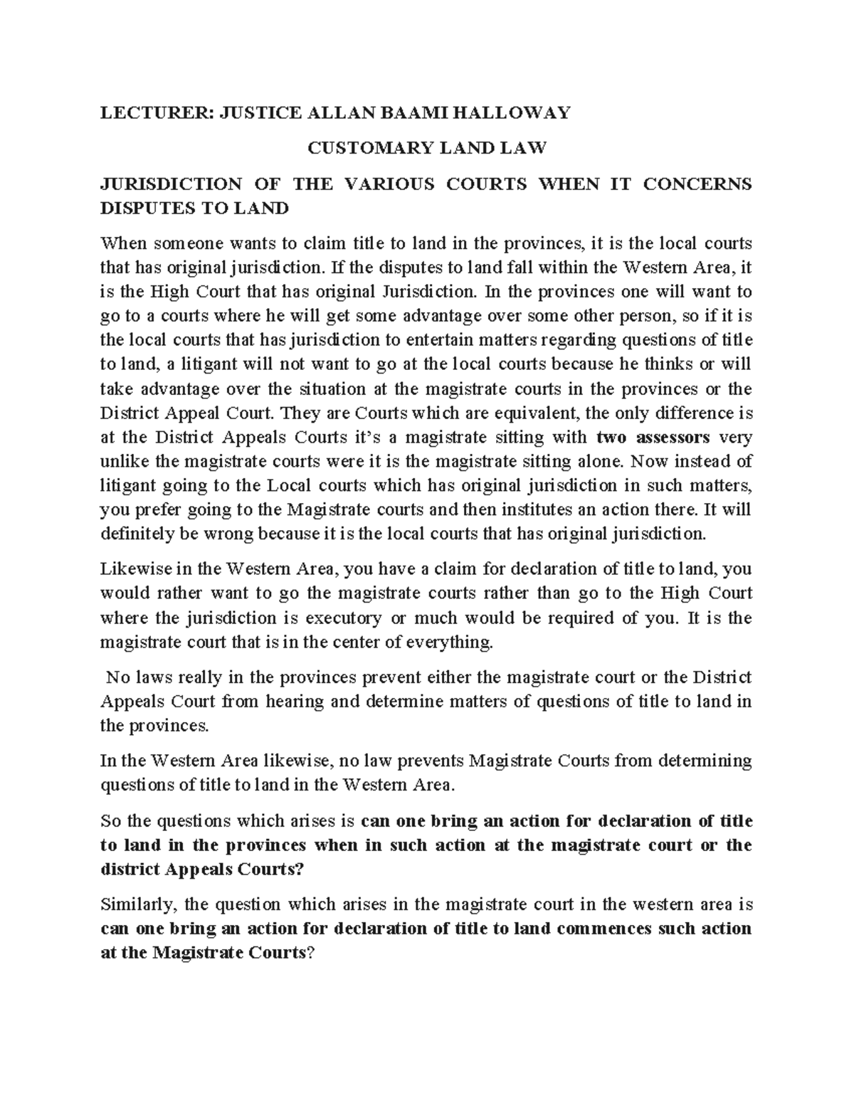 Customary Law Jurisdiction of Courts: Land Disputes Analysis - Studocu