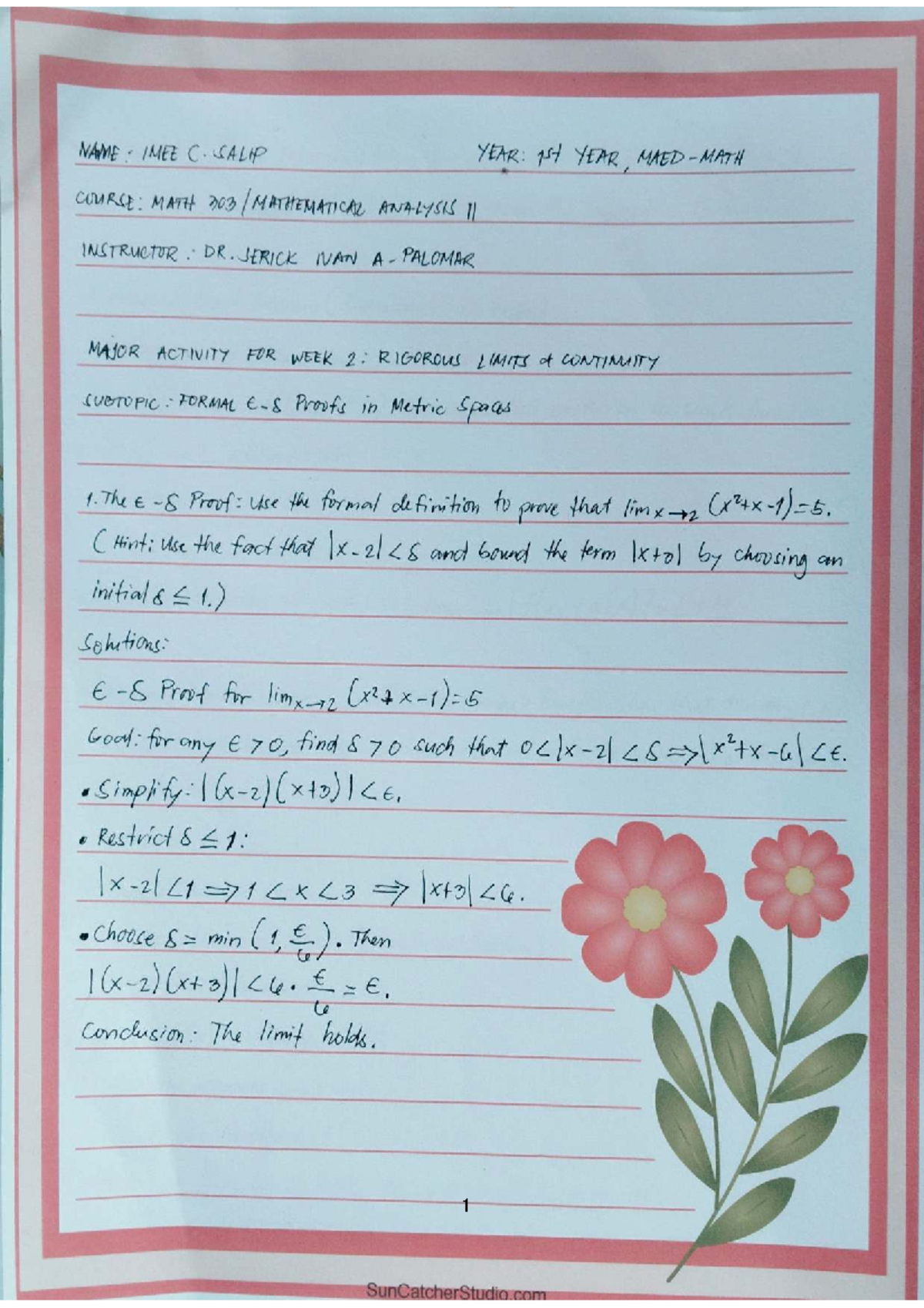 MATH 202 Week 2 Major Activities: Rigorous Limits & Continuity - Studocu