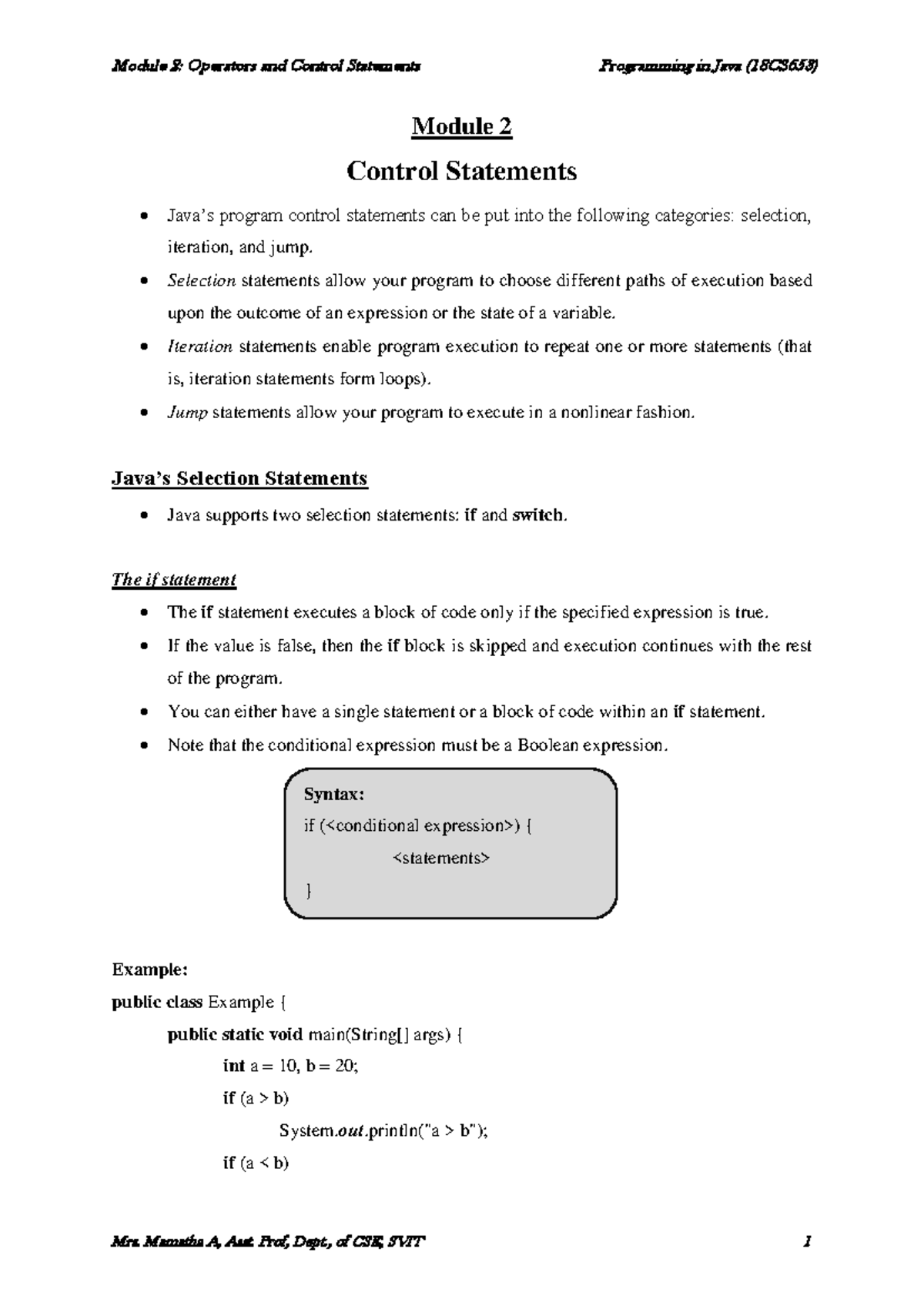 Java Control Statements - Module II: Selection, Iteration and Jump - Studocu
