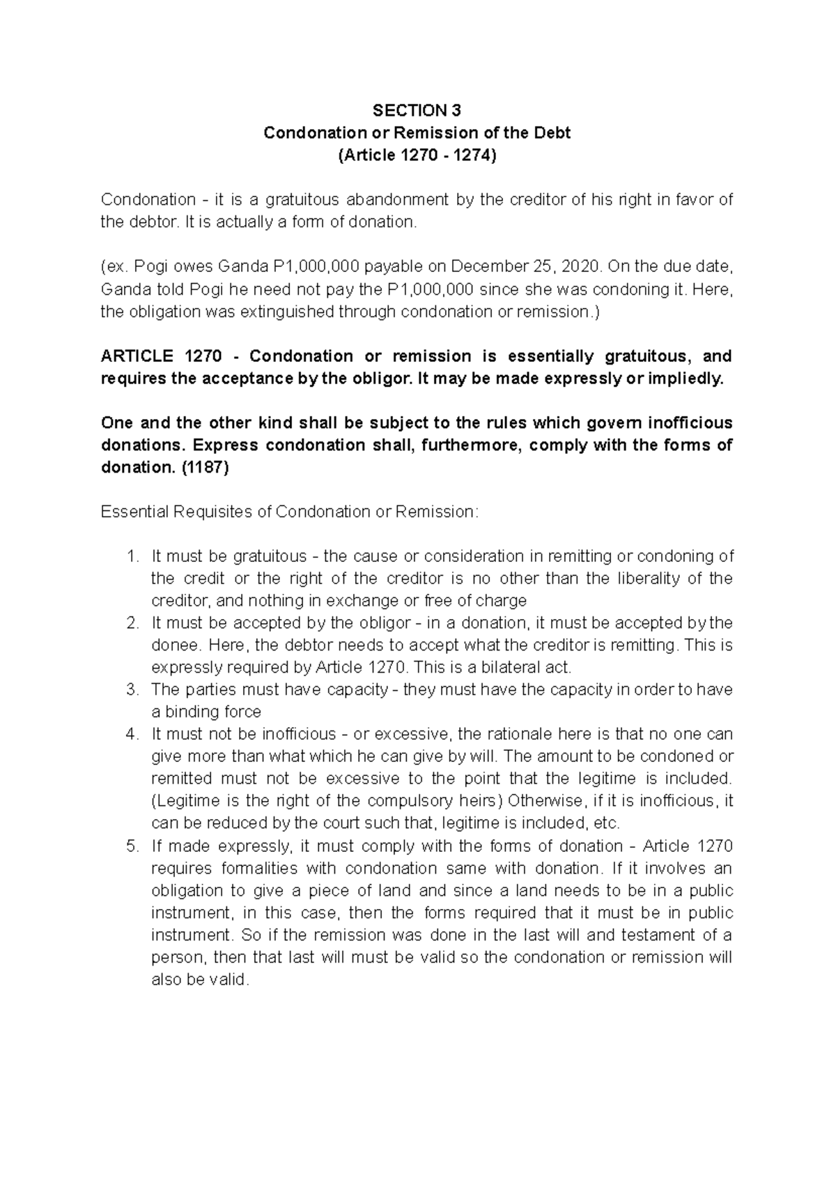 Remission or Condonation of Debt: Article 1270-1274 Overview - Studocu