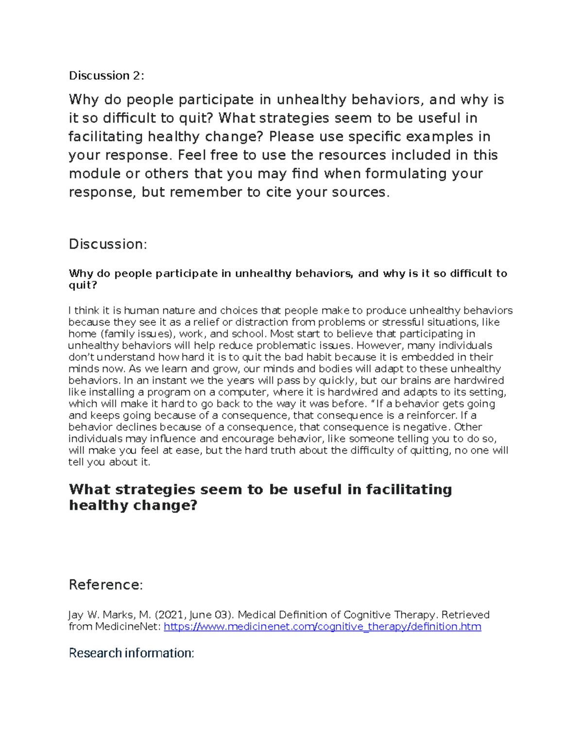 Discussion 2: Understanding Unhealthy Behaviors and Change Strategies ...