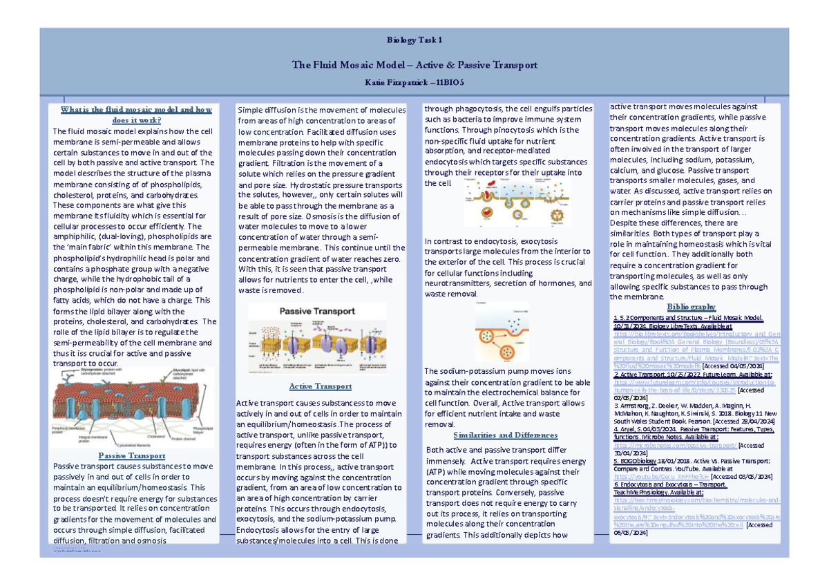 Biology 11BIO5 Task 1: Fluid Mosaic Model & Transport Mechanisms - Studocu