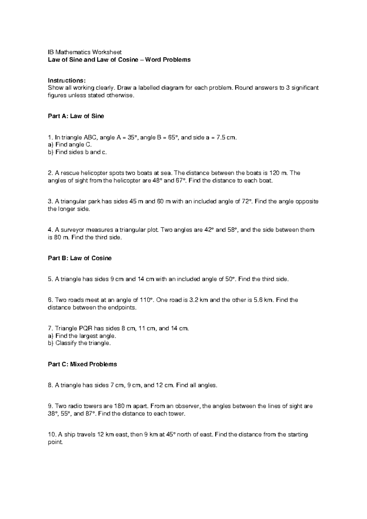 IB Mathematics Worksheet: Law of Sine & Cosine Problems - Studocu