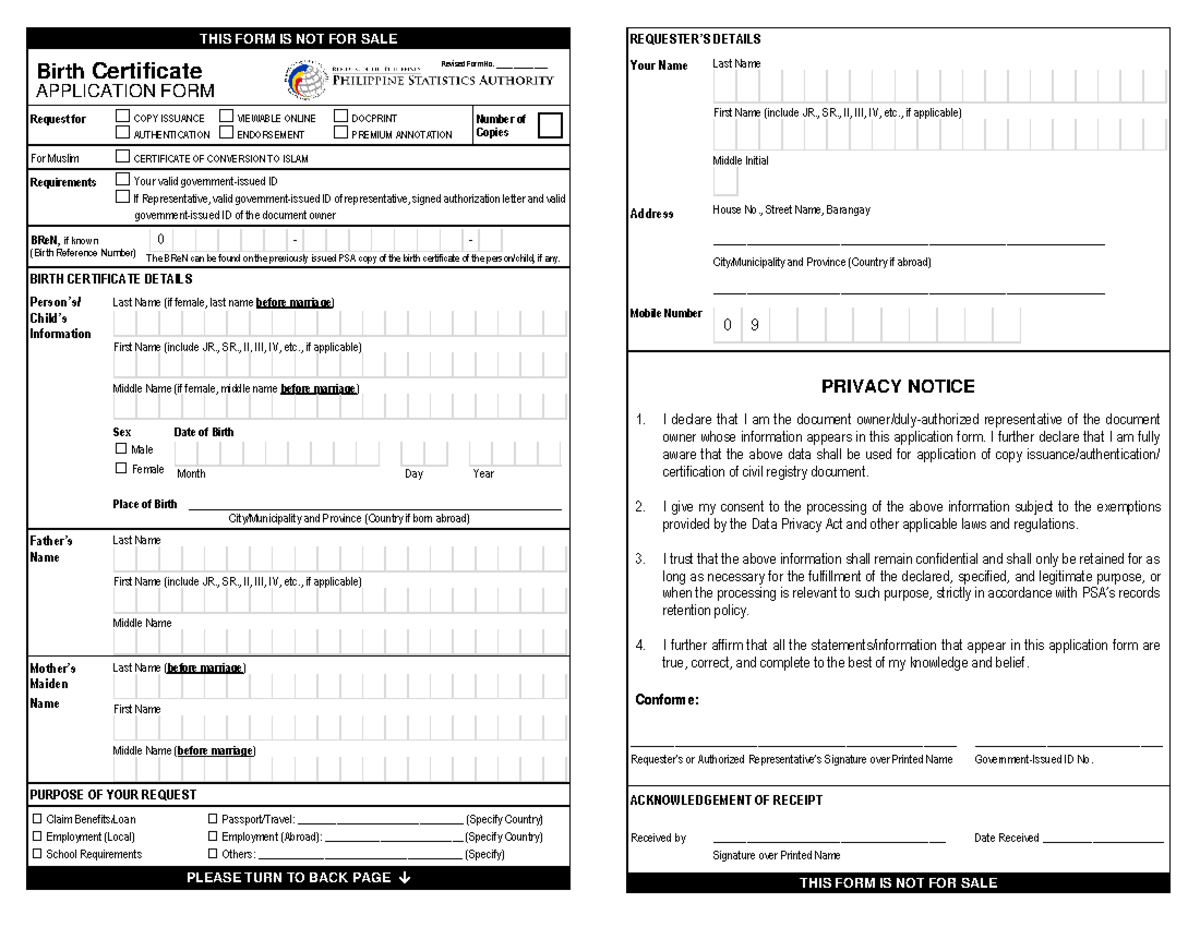 Birth Certificate Application Form - Request for Copy/Authentication ...