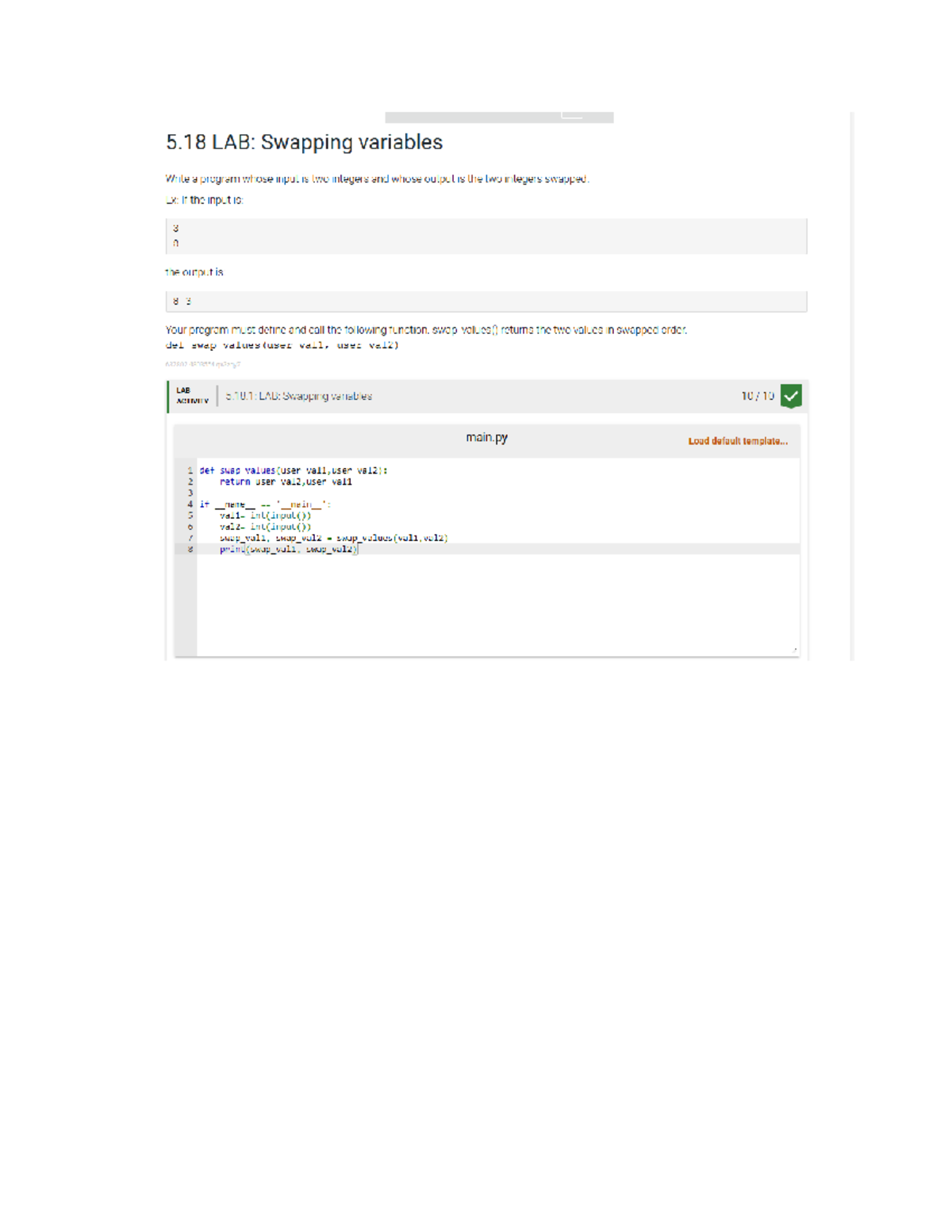 5.18 LAB: Swapping Variables with Function Implementation - Studocu
