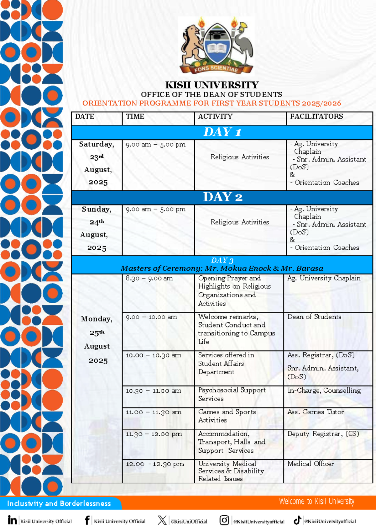 Kisii Uni First Year Orientation Programme 2025 Schedule - Studocu