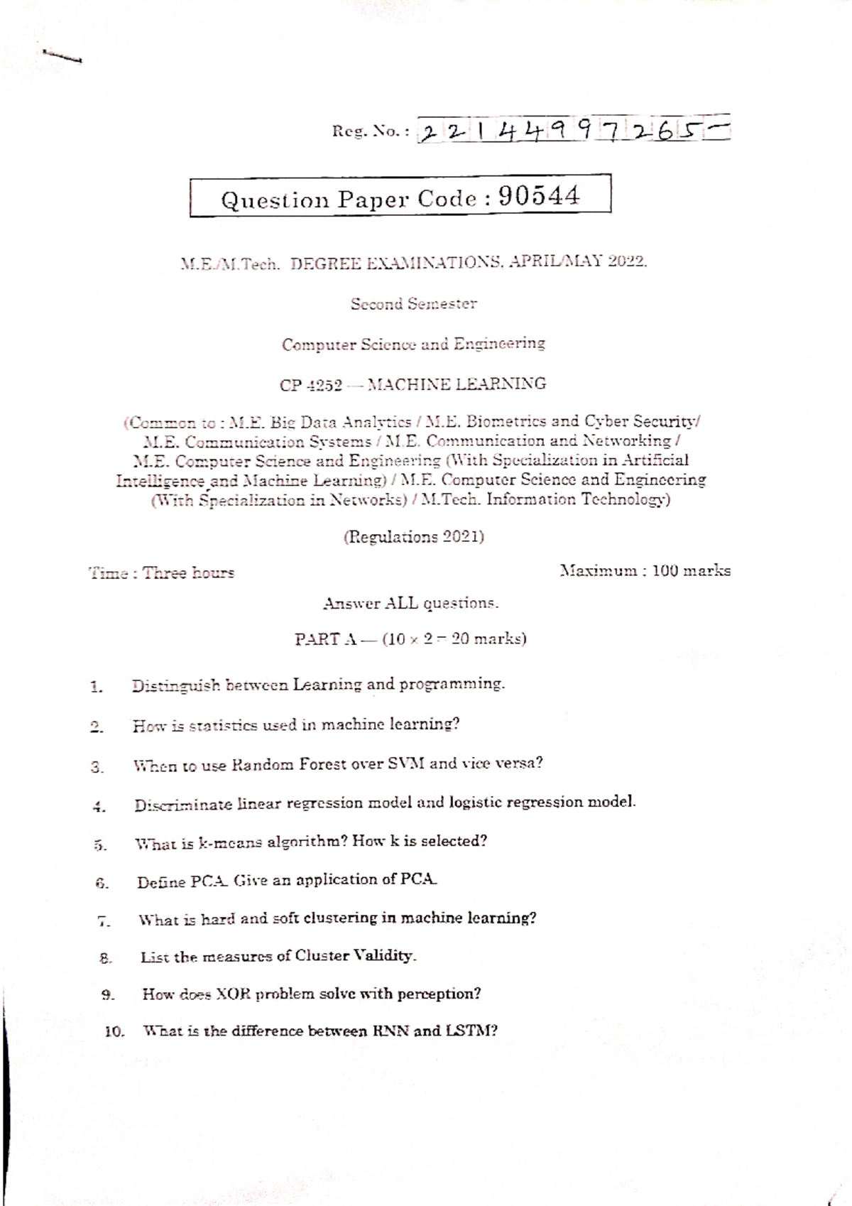 UNIV QP CP4252 ML - Question Paper for Machine Learning Exam 2022 - Studocu