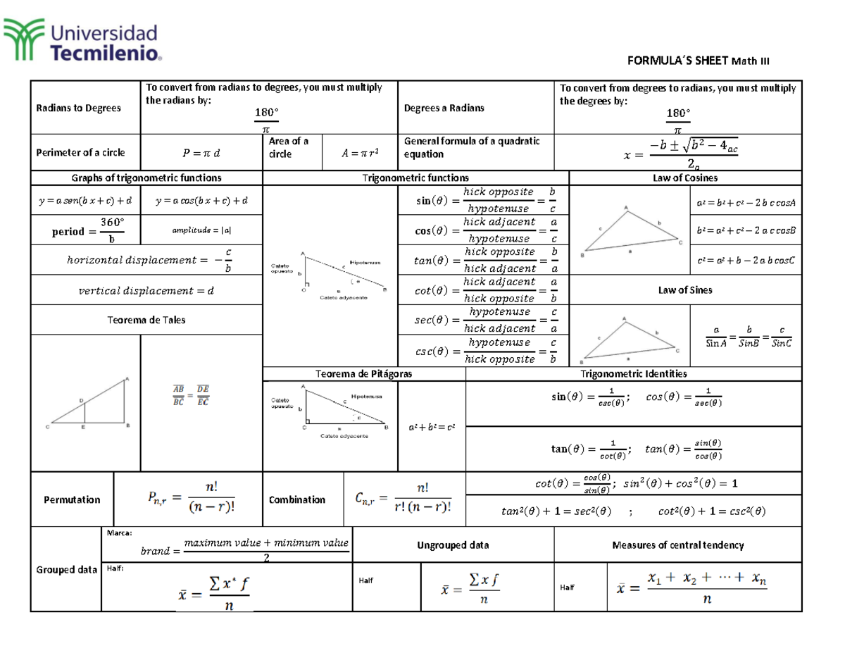 Formula´S Sheet Math III - FORMULA¥S SHEET Math III Radians to Degrees ...