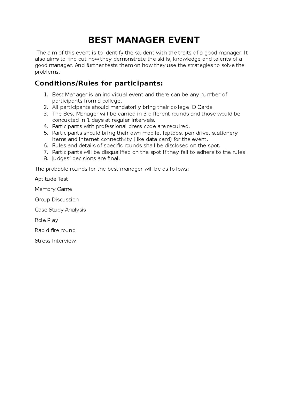 Best Manager Event: Student Competition for Management Skills - Studocu