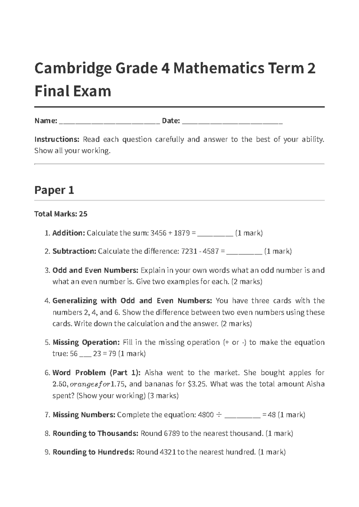 Cambridge Grade 4 Mathematics Term 2 Final Exam Guide - Studocu