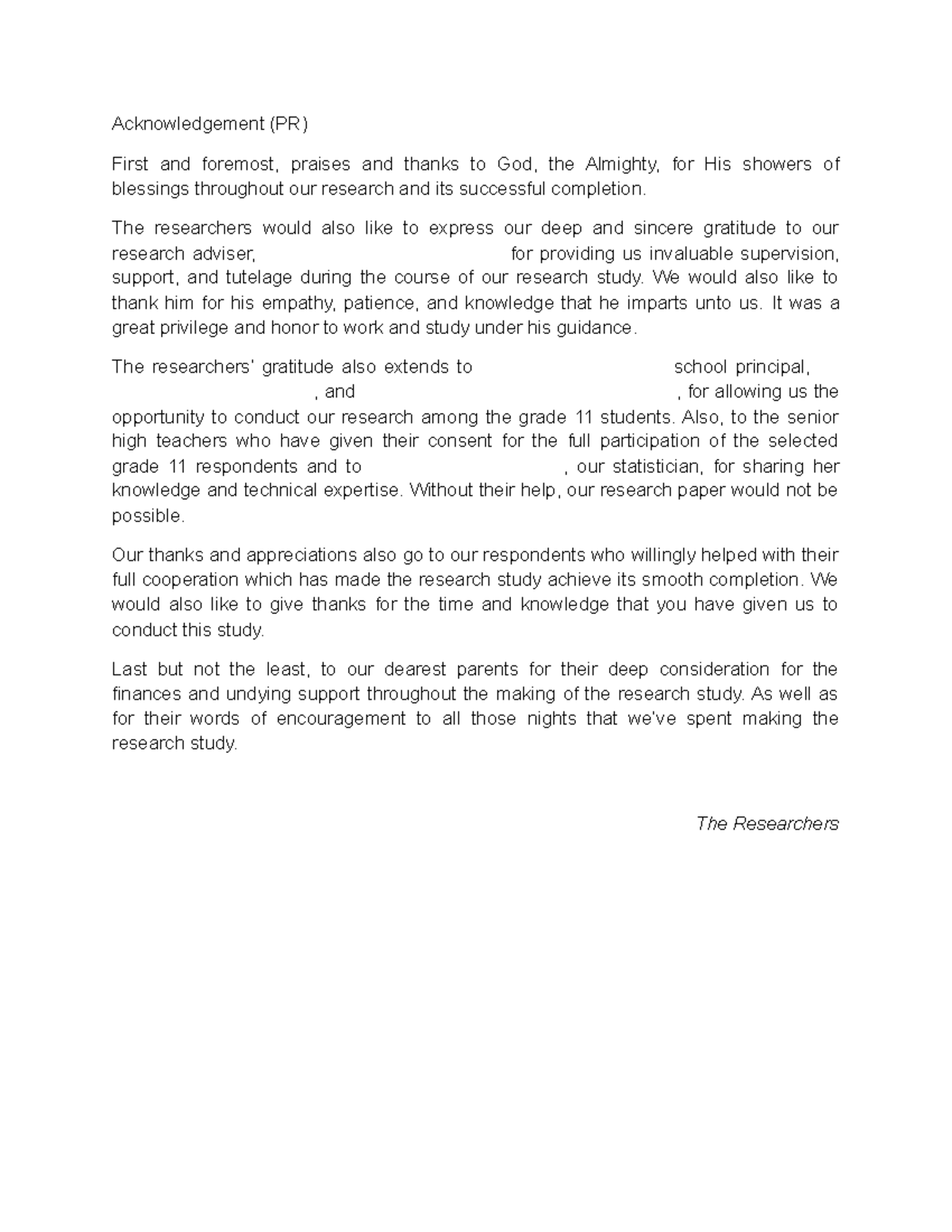 Acknowledgement of Contributions in Practical Research 2 (PR2) - Studocu