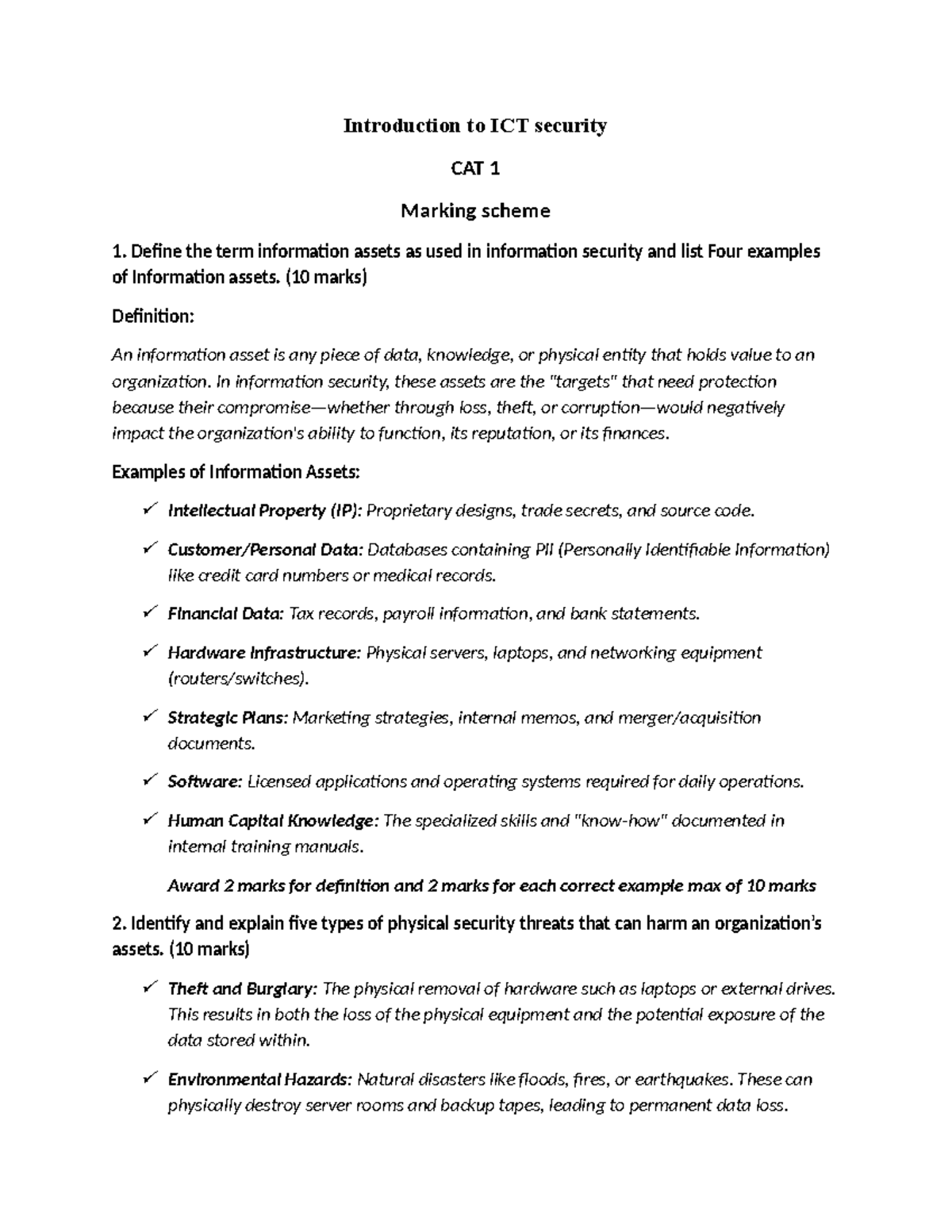 ICT Security CAT 1 Marking Scheme: Key Concepts & Threats - Studocu