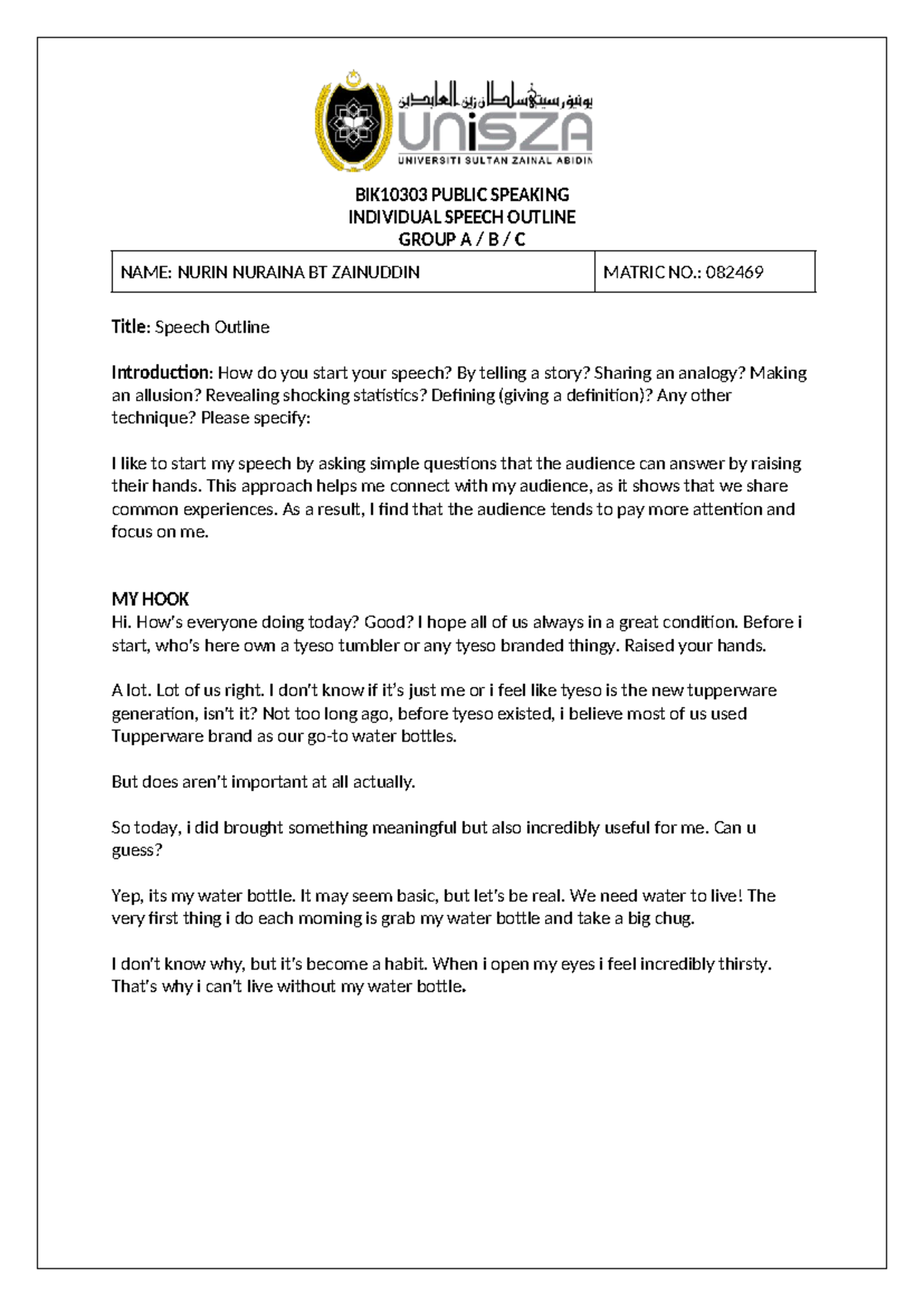 BIK10303 Public Speaking: Individual Speech Outline by Nurin Nuraina ...