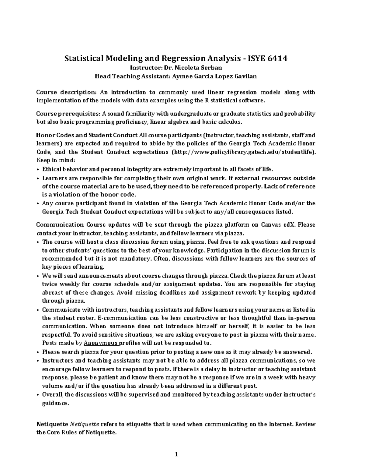 ISy E 6414 Syllabus Spring 2022 - 1 Statistical Modeling and Regression Analysis - ISYE 6414 ...