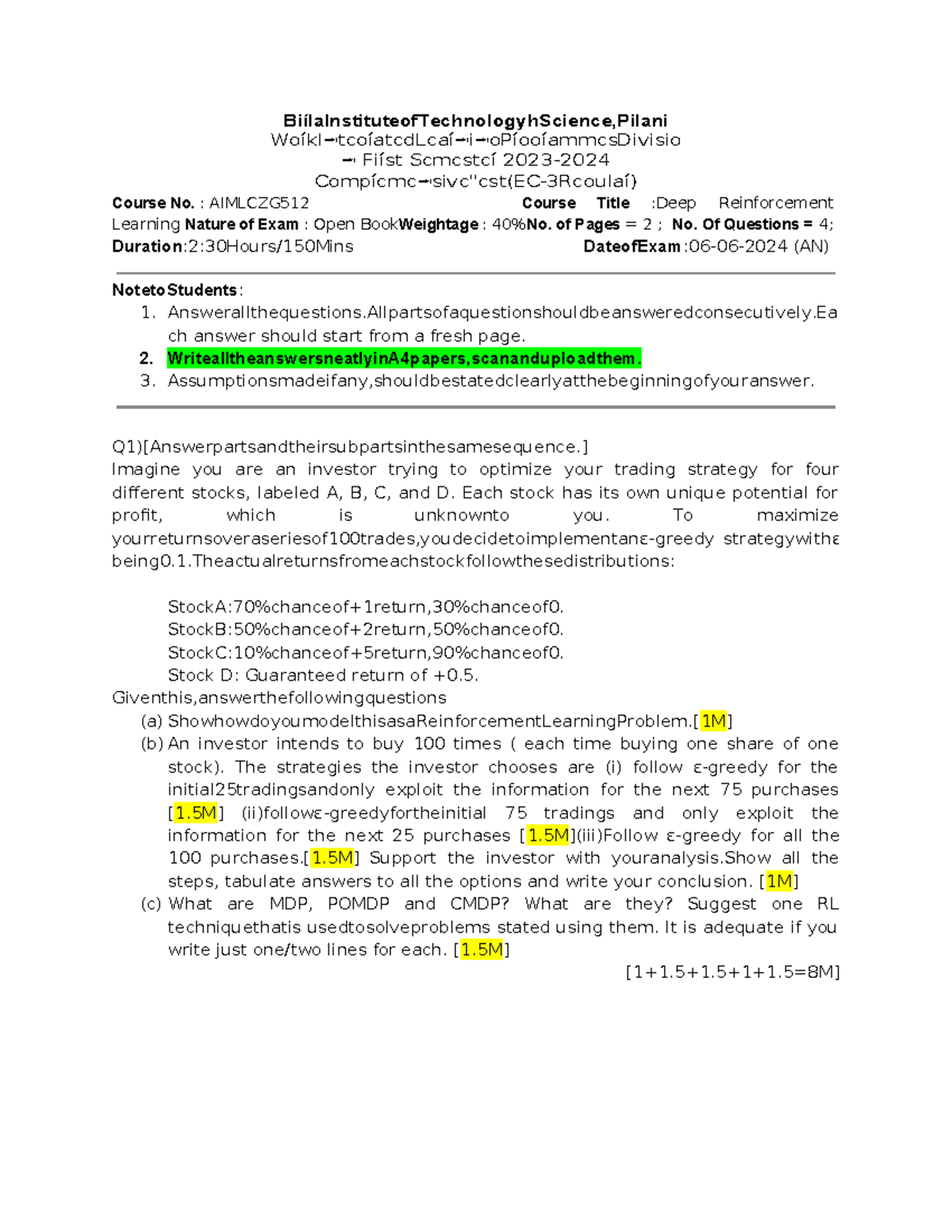 Deep Reinforcement Learning (AIMLCZG512) - Comprehensive Question Paper ...