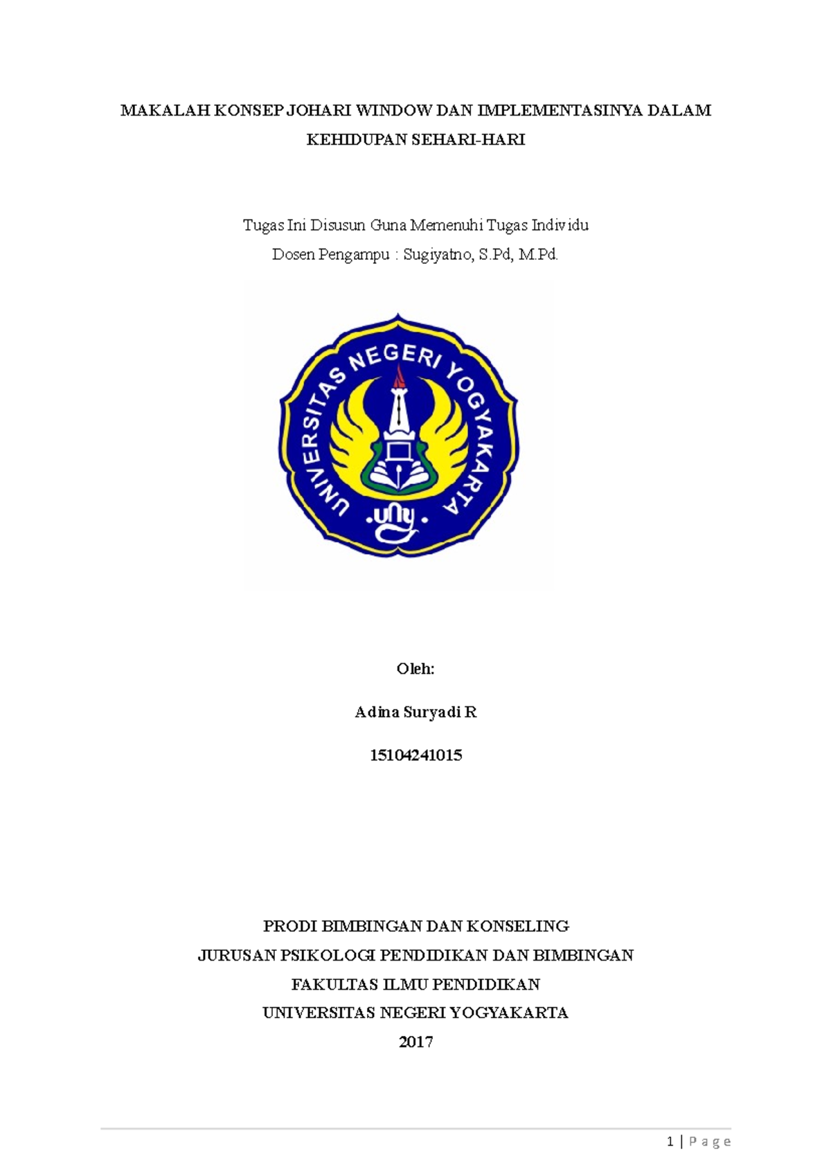 Makalah KONSEP JOHARI WINDOW dan Implementasinya Sehari-Hari (BIMBINGAN ...