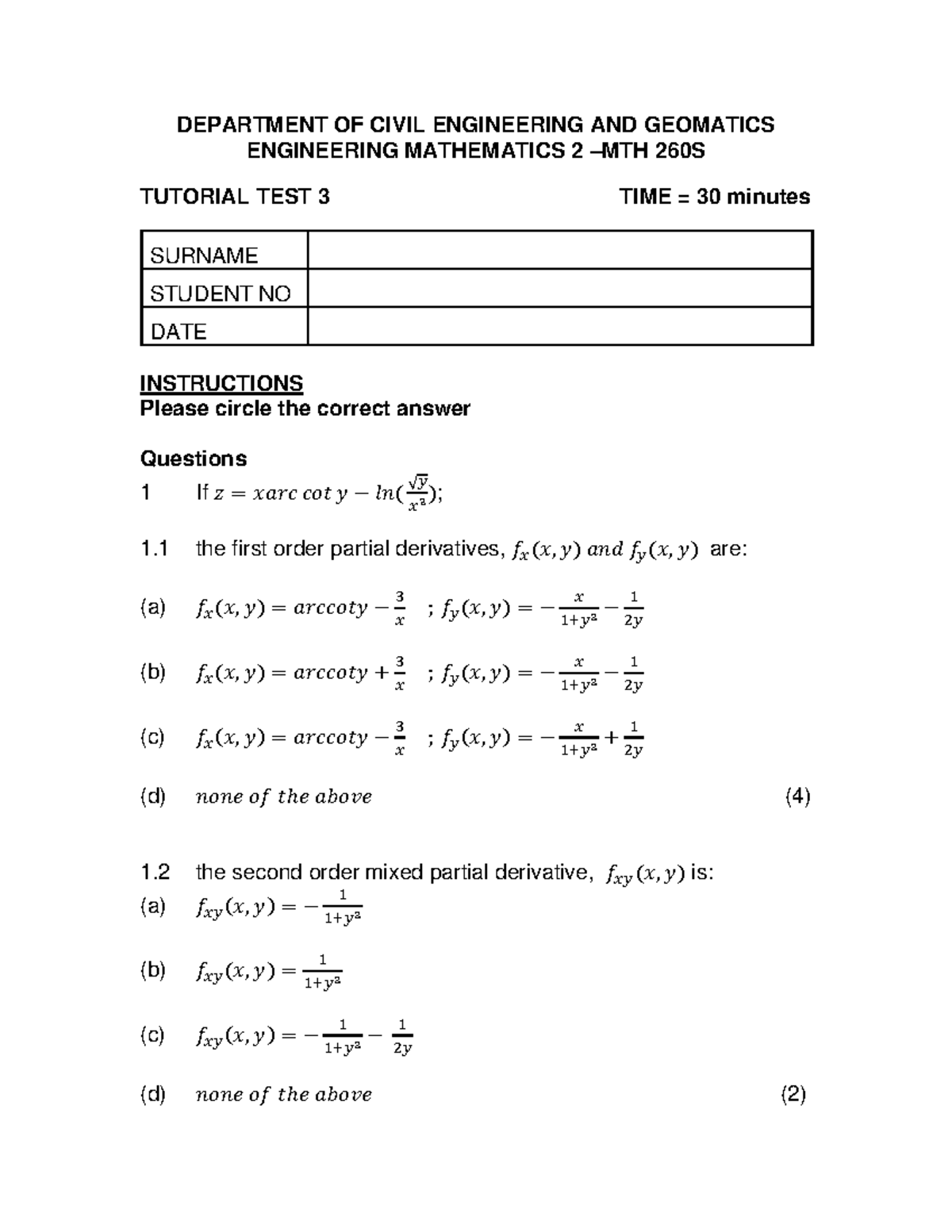 Mathematics 2 260S Tutorial Test 3 - Questions and Answers - Studocu
