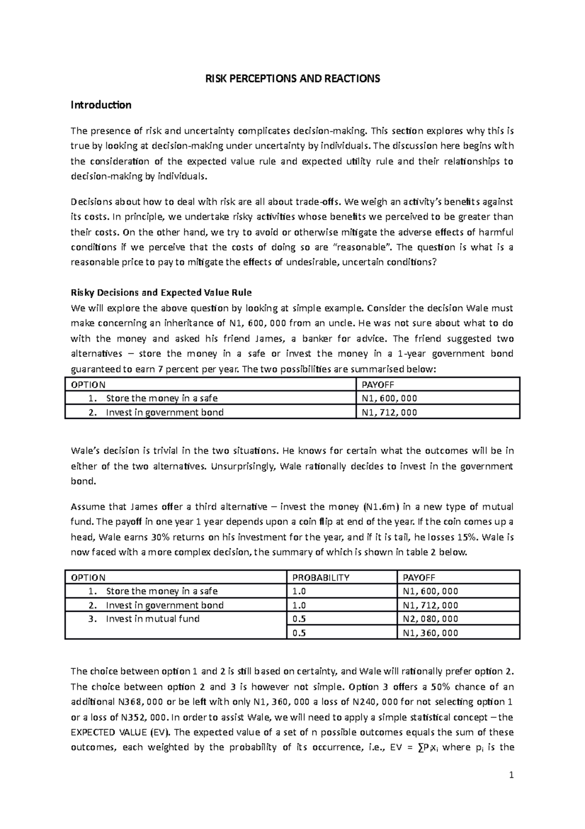 RISKY DECISIONS & EXPECTED VALUE RULE: A STUDY ON DECISION-MAKING - Studocu