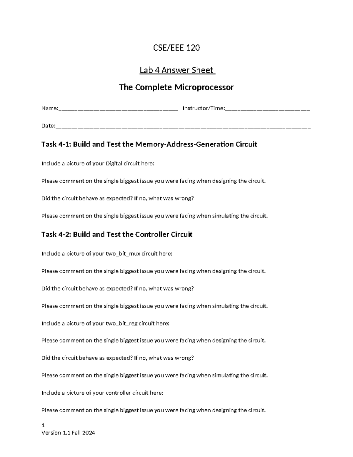 CSE/EEE 120 Lab 4 Report: Microprocessor Circuit Design & Testing - Studocu