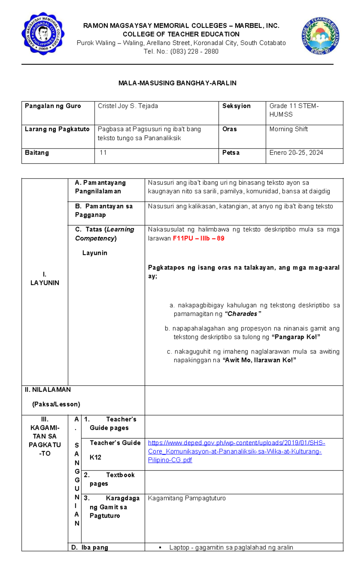 Tekstong Deskriptibo - Lesson Plan for Grade 11 STEM-HUMSS - Studocu
