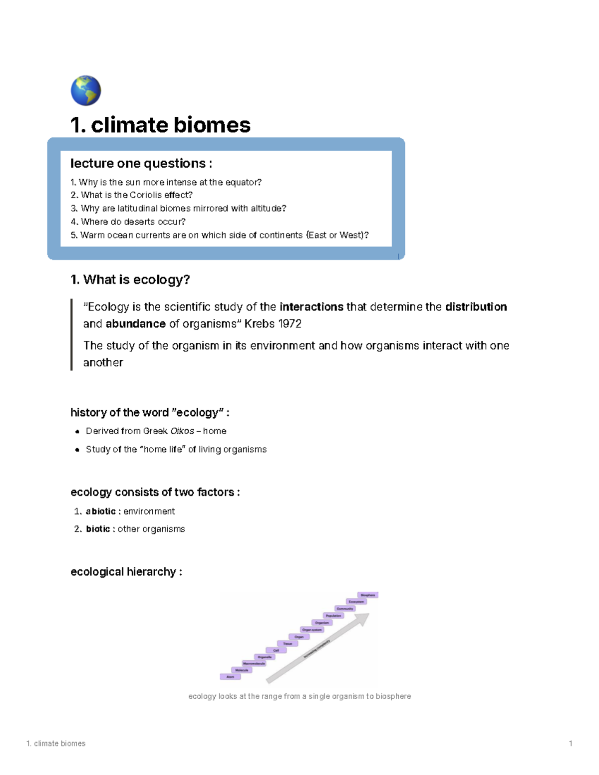 Climate Biomes Lecture 1: Key Questions and Concepts in Ecology - Studocu