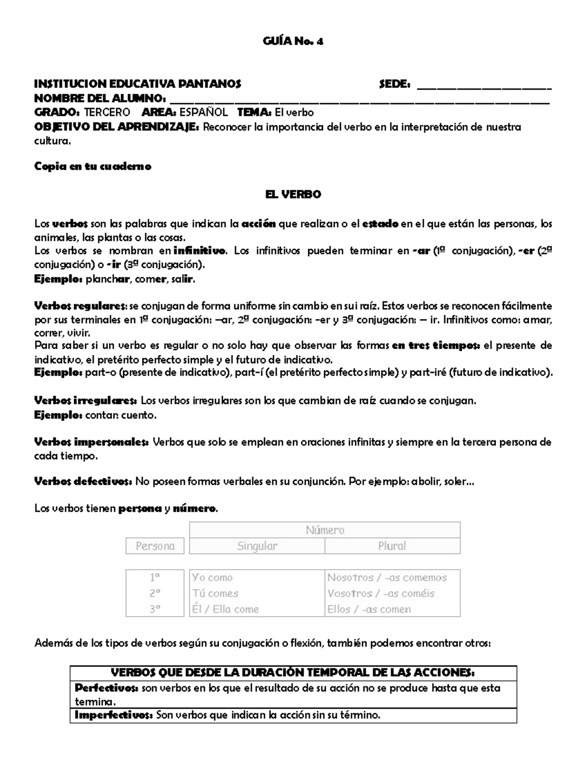 Guía de Taller sobre los Verbos - 3er Grado de Español - Studocu