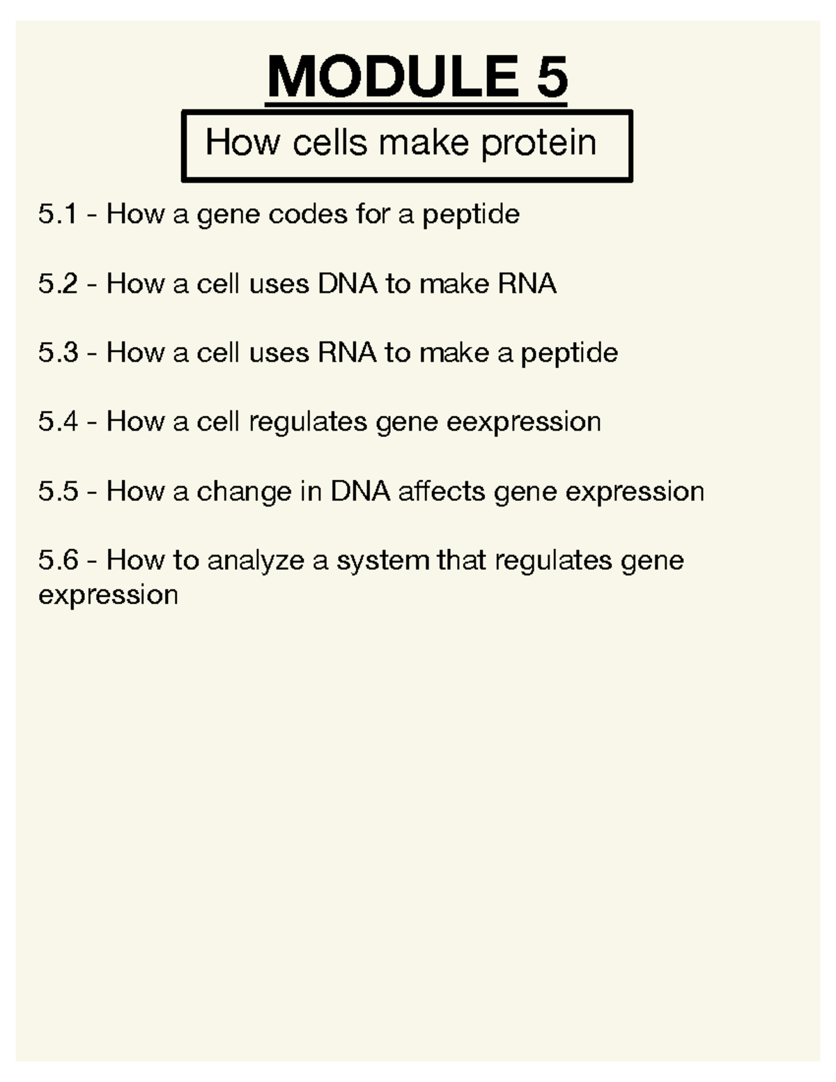 Biology 181 Module 5: Protein Synthesis & Gene Expression Overview ...